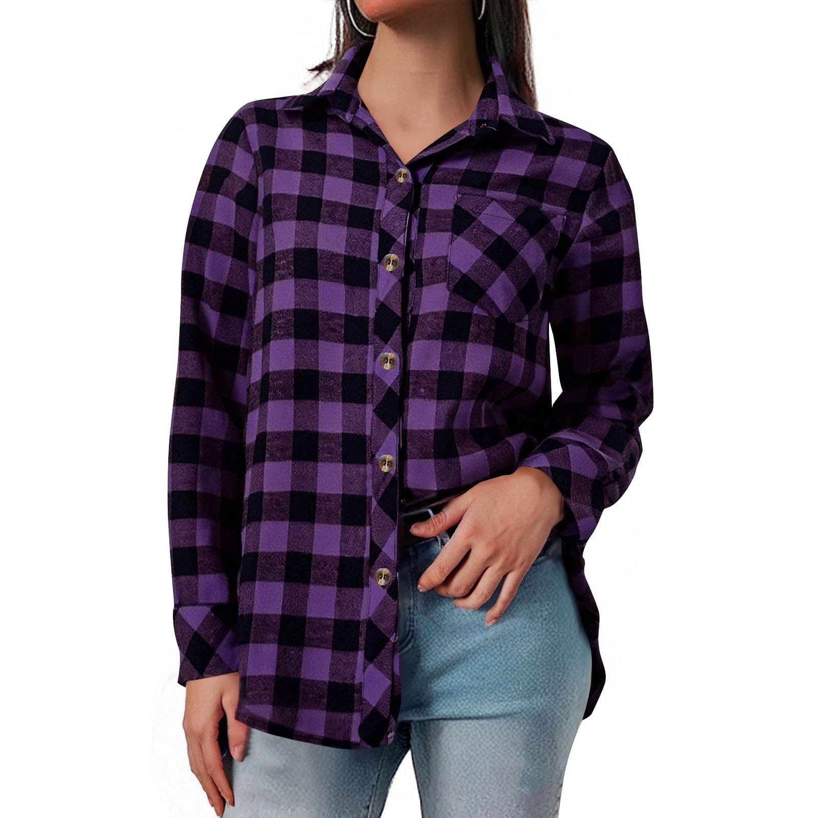 Blmnix Purple Ladies Fall Tops Long Sleeve Plaid Button Down 2025 ...