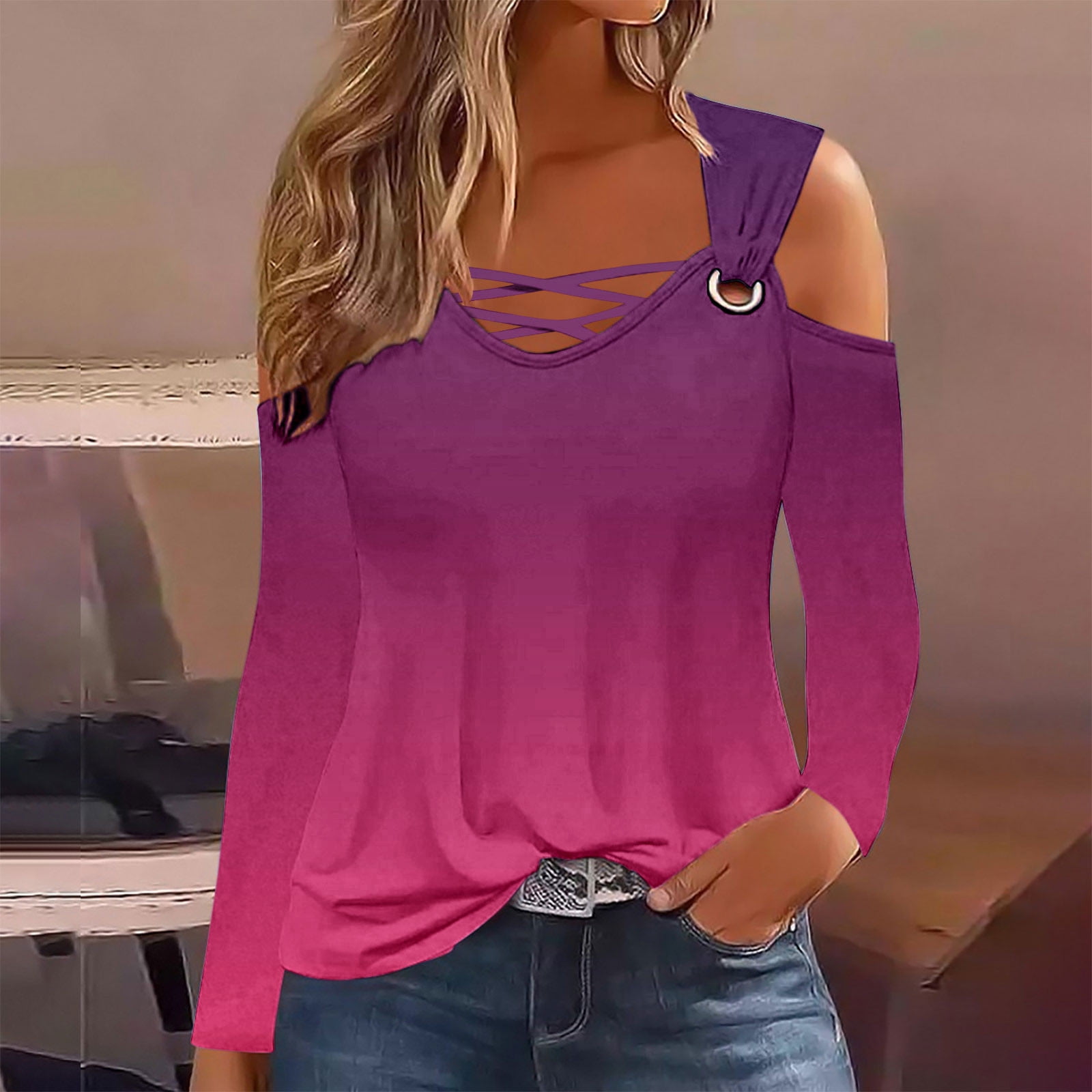 Blmnix Purple Summer Work Tops for Women Blouse V-Neck Gradient Cut Out ...