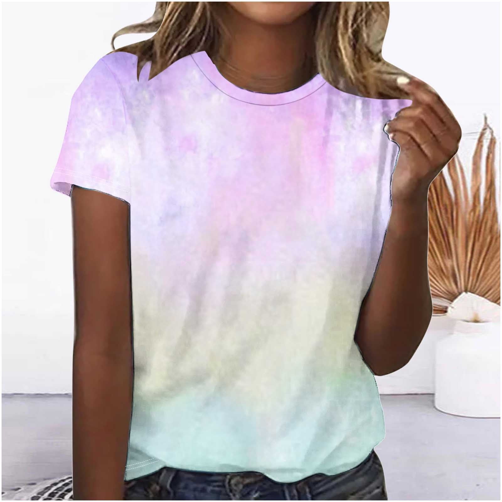 Blmnix Purple Summer Work Tops for Women Gradient Tie-Dye Crew Neck ...