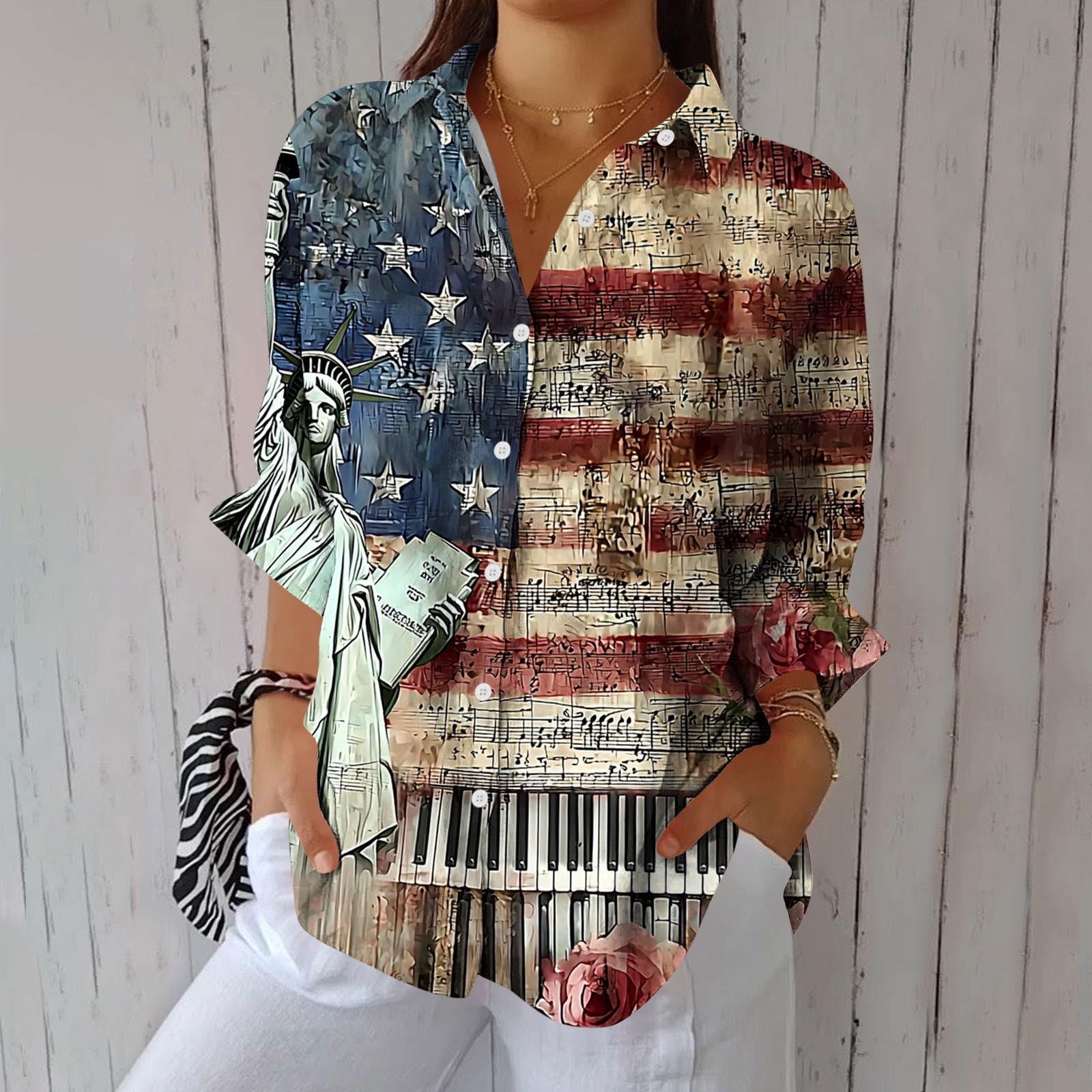 Blmnix Red Autumn Tops Statue of Liberty Blouse Long Sleeve Collared ...