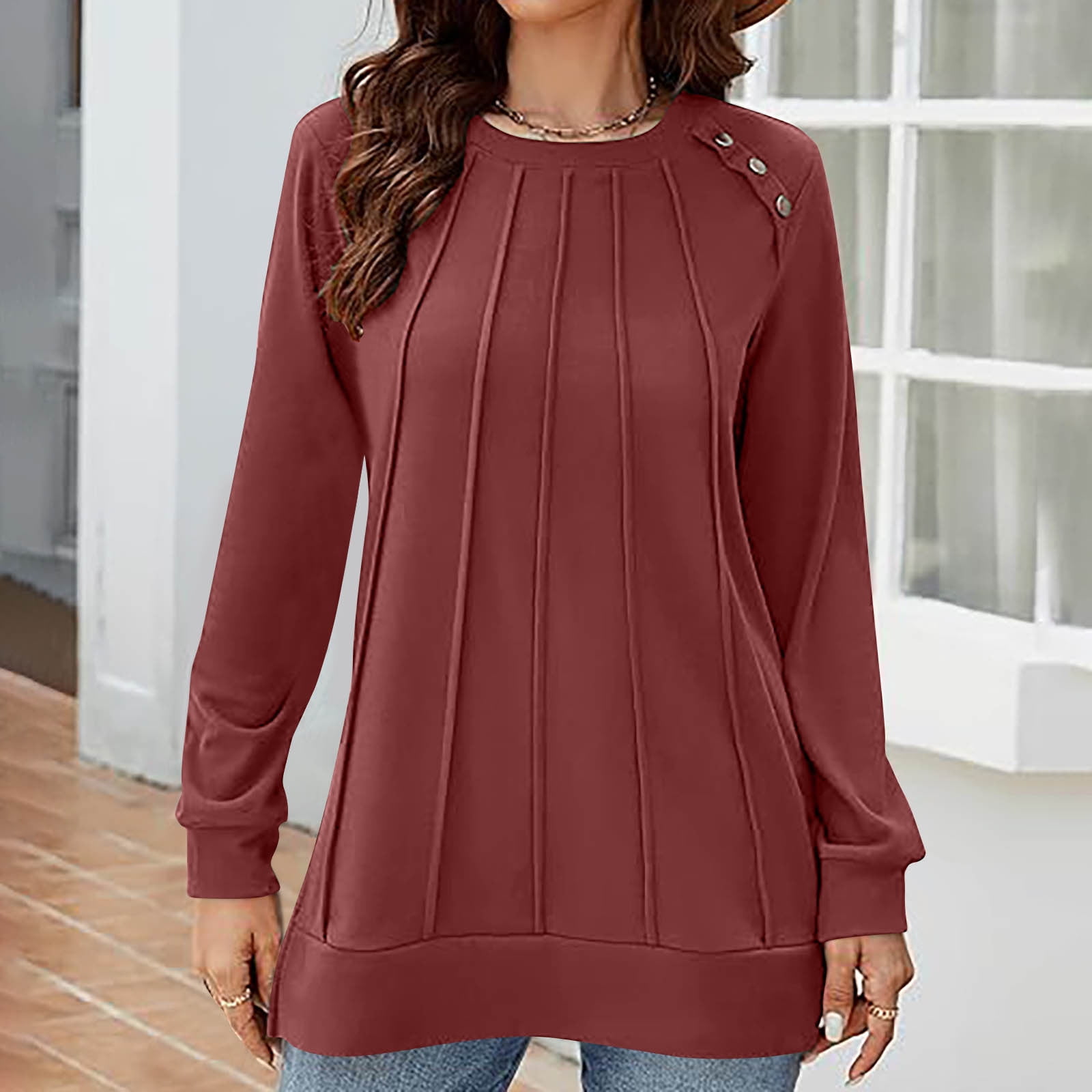 Blmnix Red Workout Tops for Women Loose Fit Blouse Pleated Long Sleeve ...