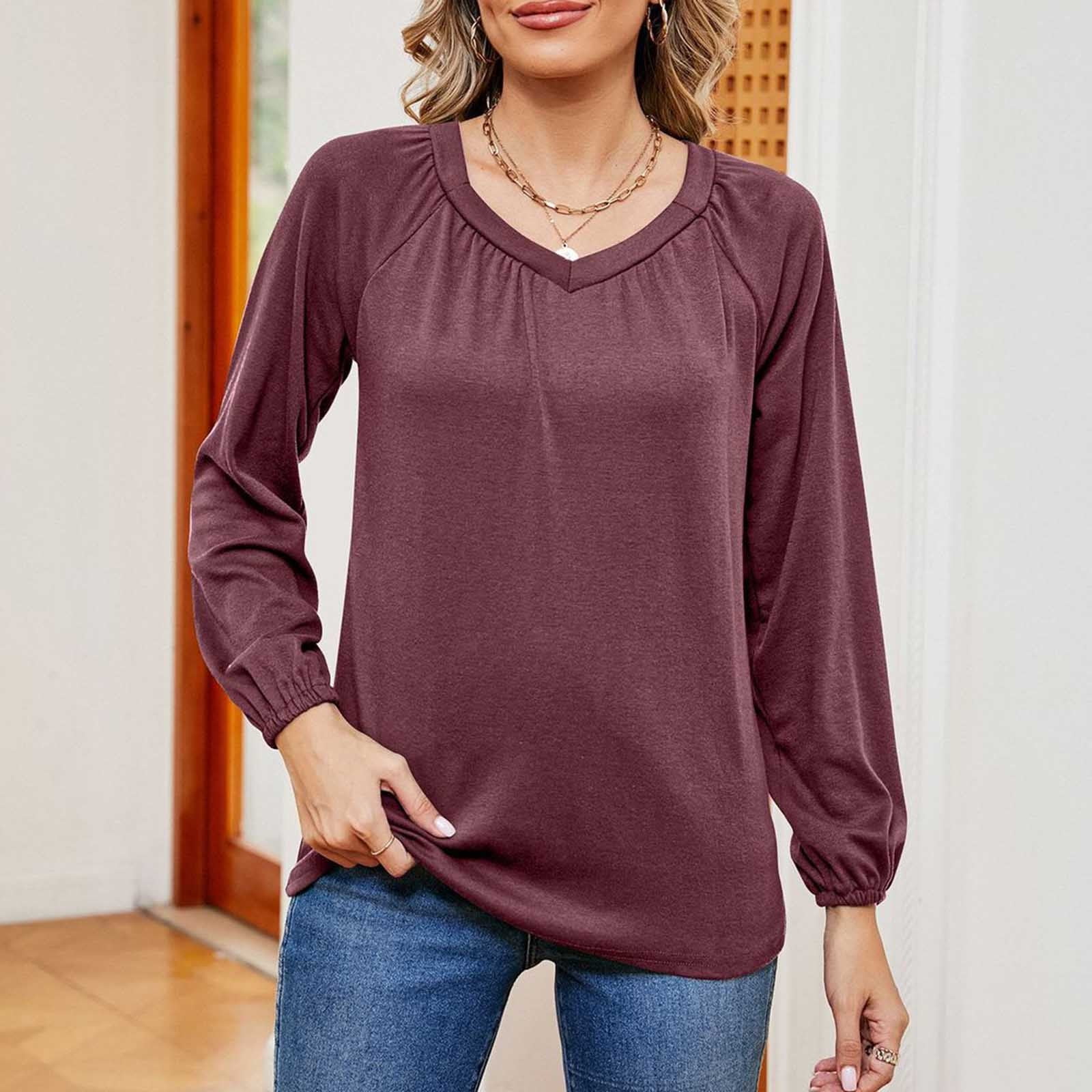 Blmnix Sexy Tops for Women Red Blouse Long Sleeve Solid Pleated V-Neck ...