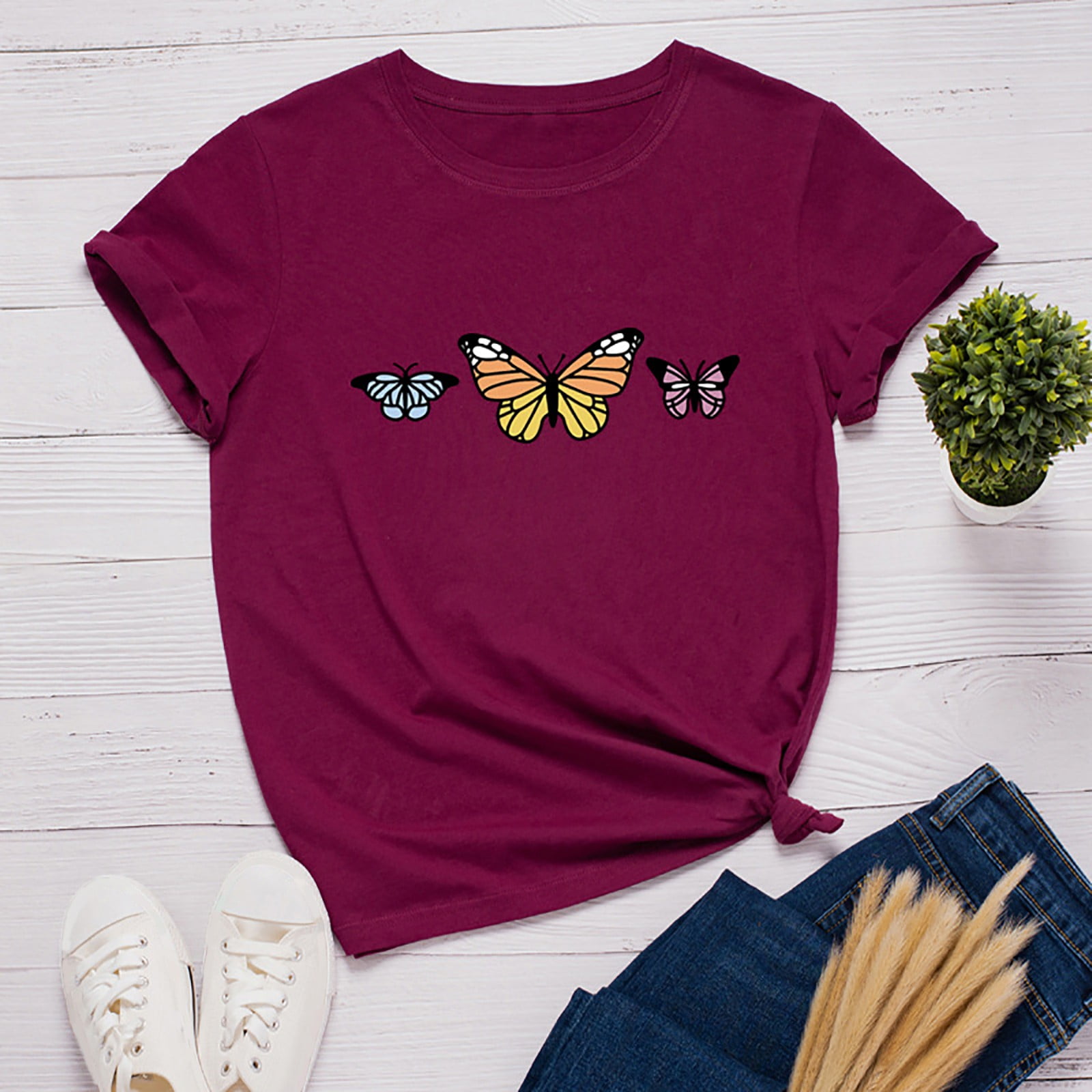 Blmnix Short Sleeve Summer Tops for Women Trendy Red Loose Graphic Cute ...
