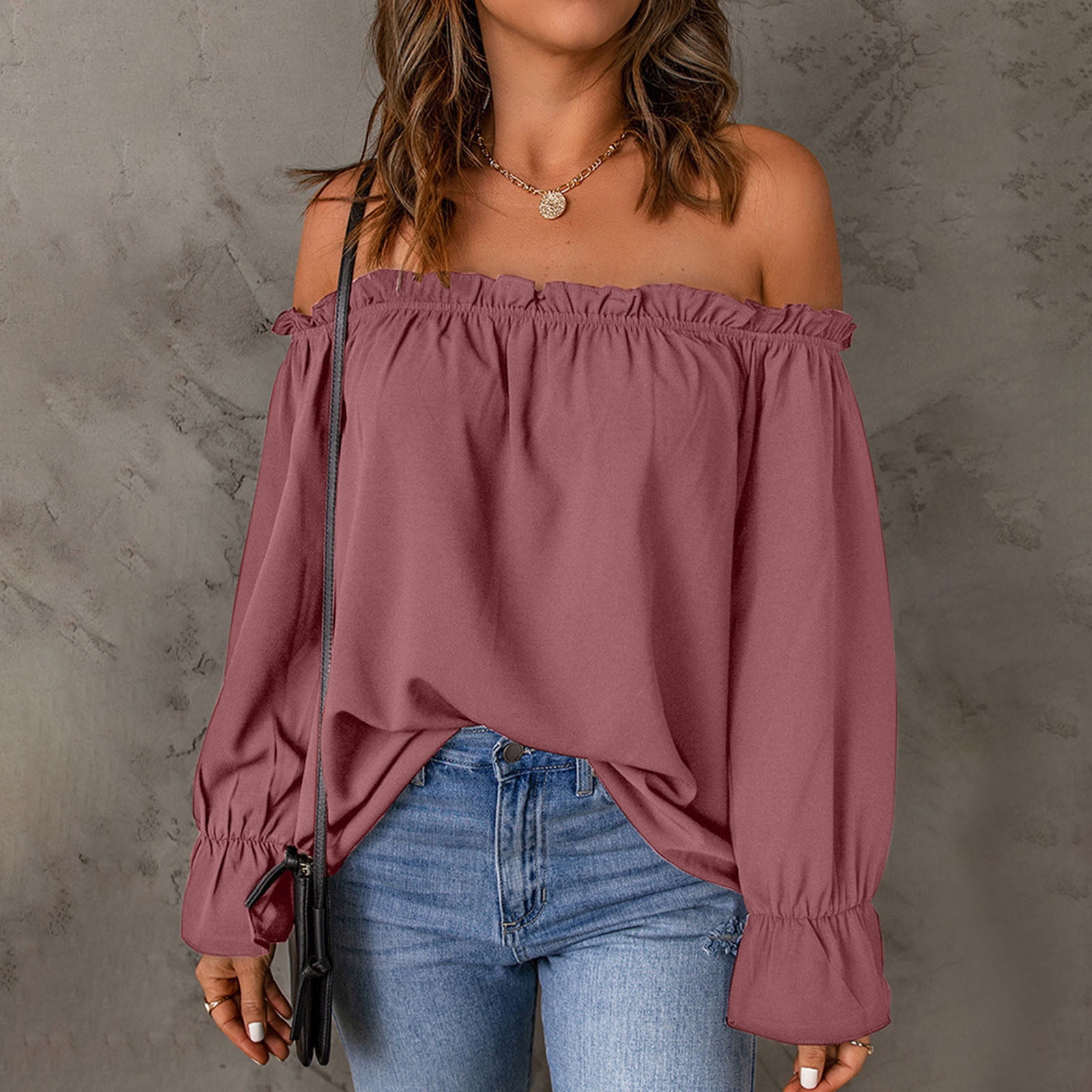 Blmnix Solid Fall Blouses Pink Flounce Long Sleeve Boat Neck Blouse ...