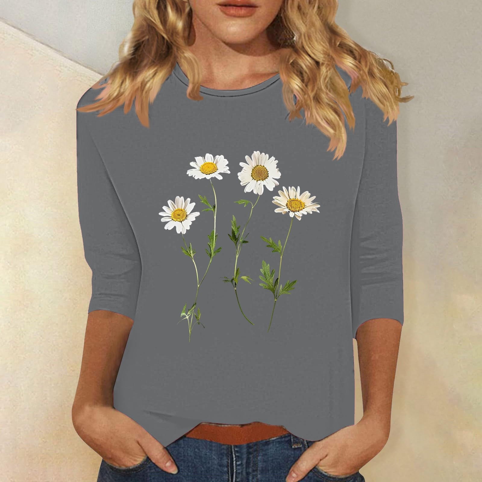 Blmnix 3/4 Sleeve Basic Tops for Women Crew Neck Gray Fit Print Shirts ...