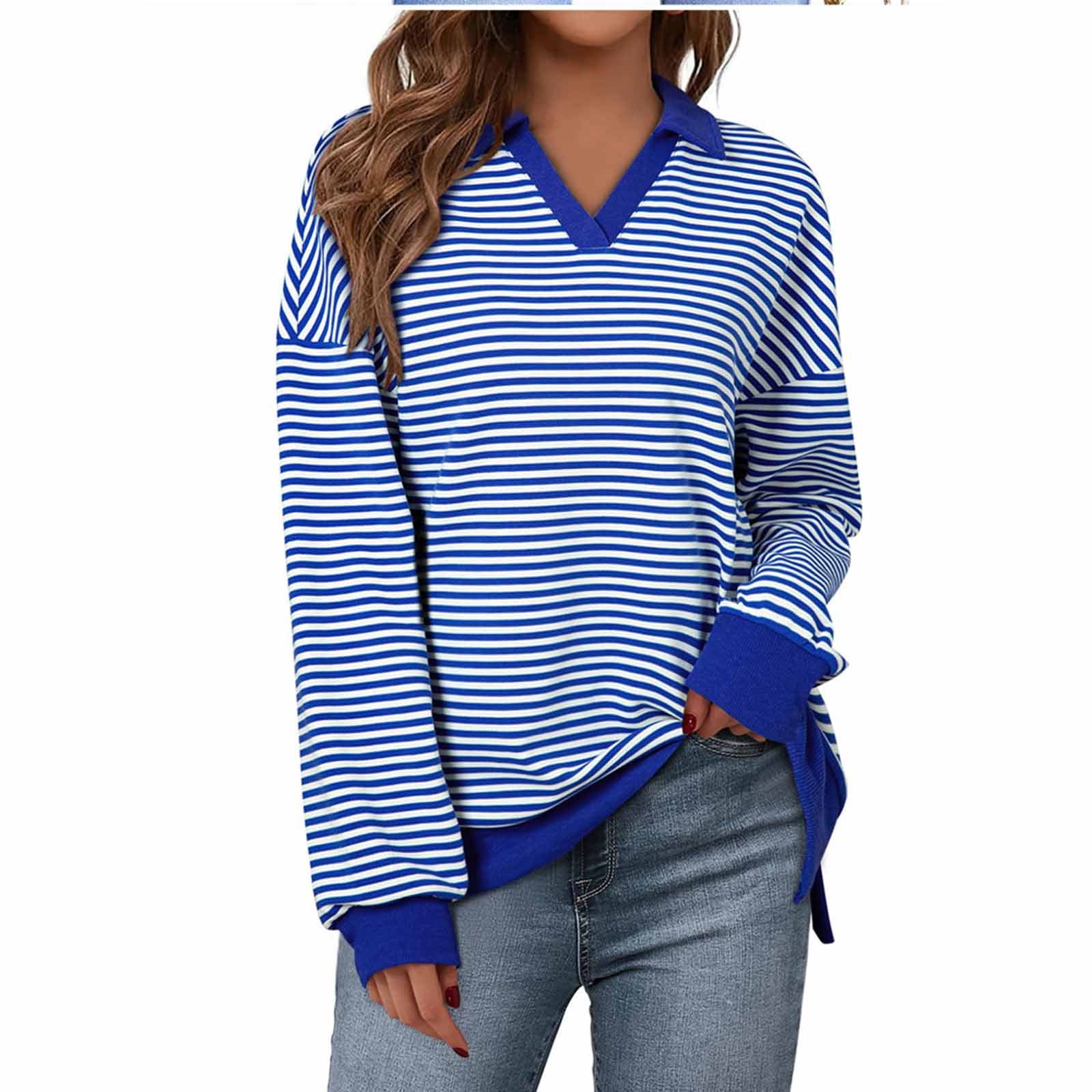 Blmnix Striped Women's Boho Tops Beach Streetwear Blue Business Professional Tops for Women Long ...