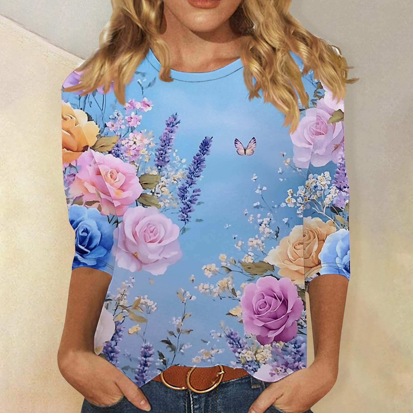 Blmnix Summer Going Out Tops Workwear Sky Blue Wildflower Plus Size ...