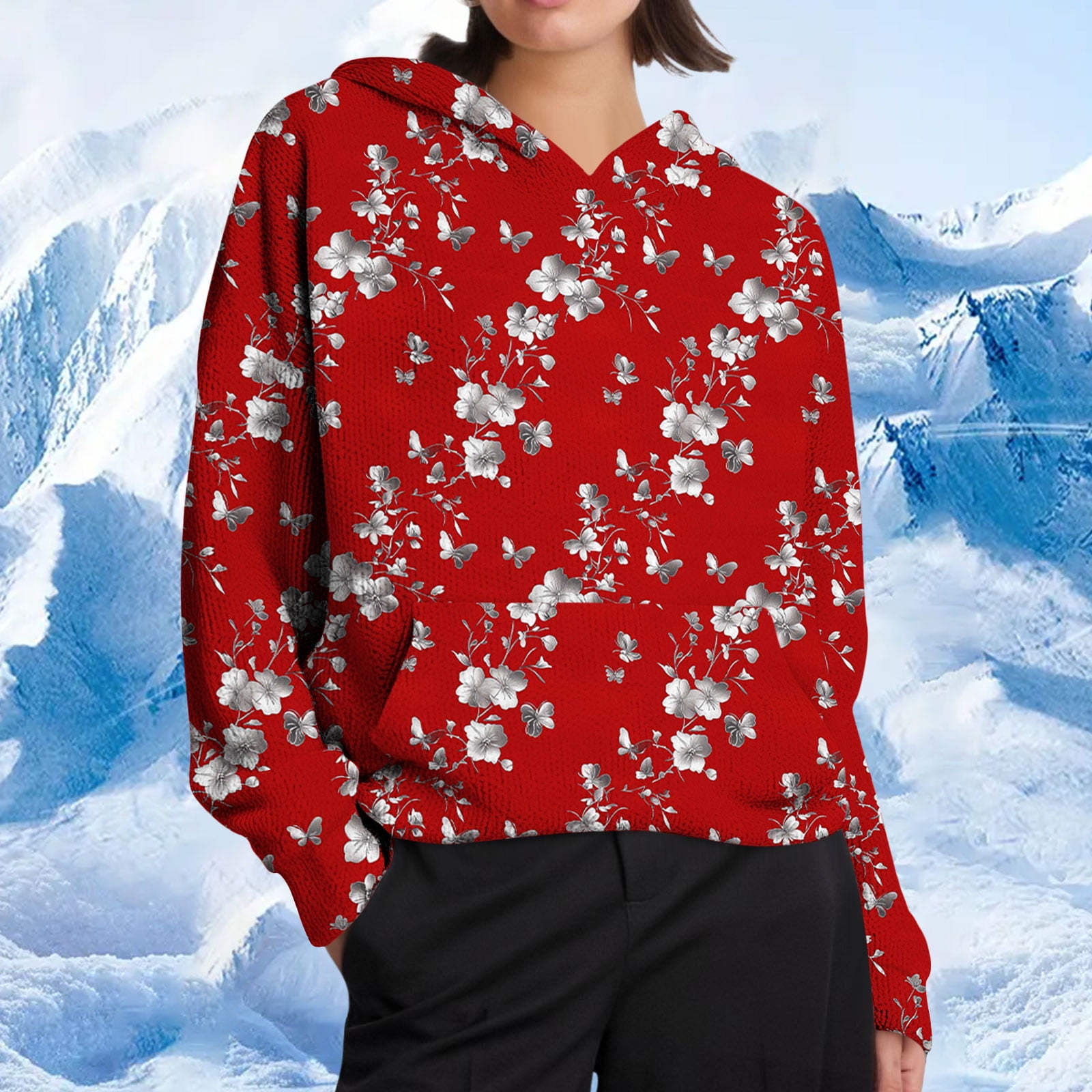 Blmnix Sweatshirts Red Pocket Maroon Floral Womens Basic Tops Hoodie Hooded Long Sleeve Tops ...