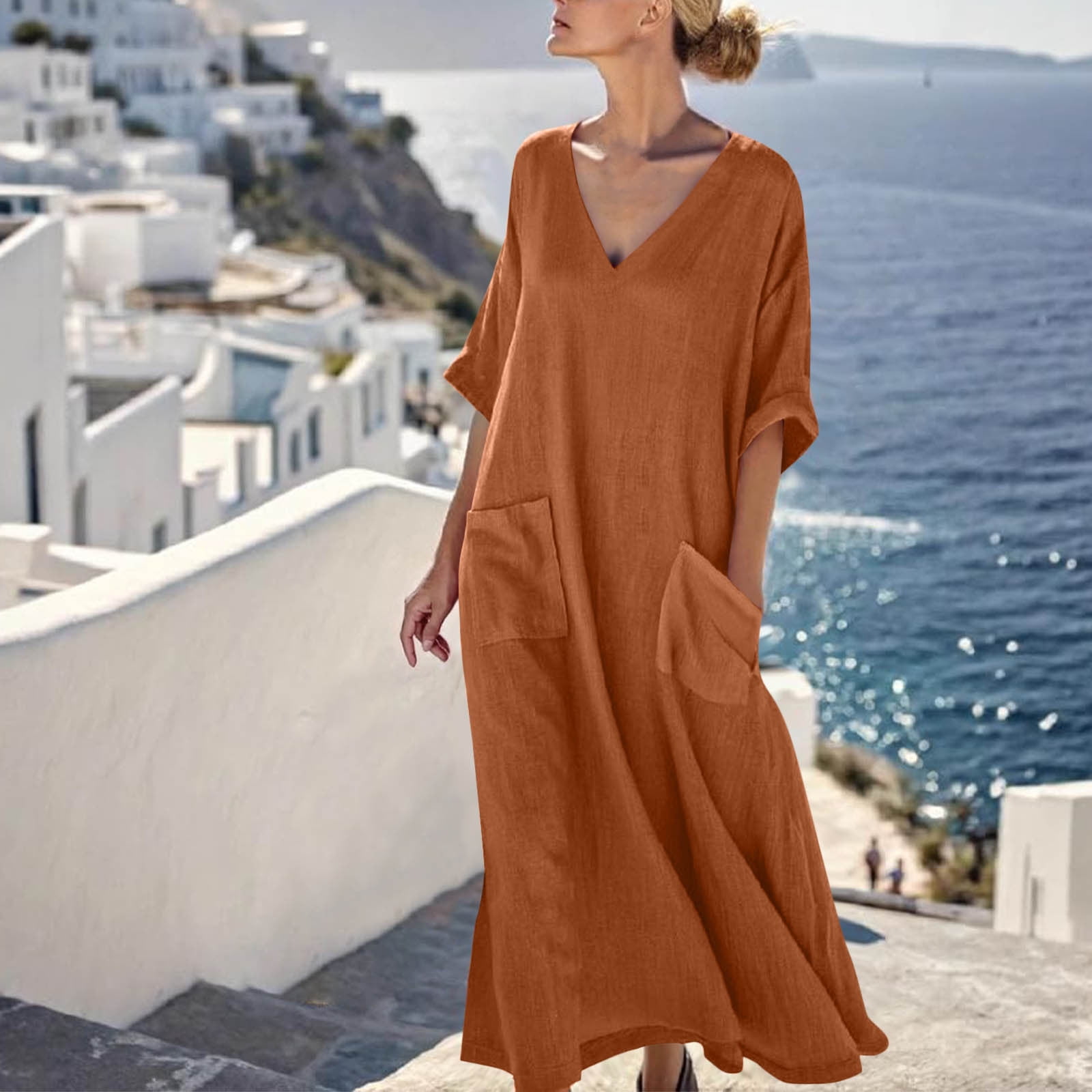 Blmnix T-Shirt Vacation Dresses for Women Plain Brown Fashion Long Elbow-Length V-Neck Pocket ...