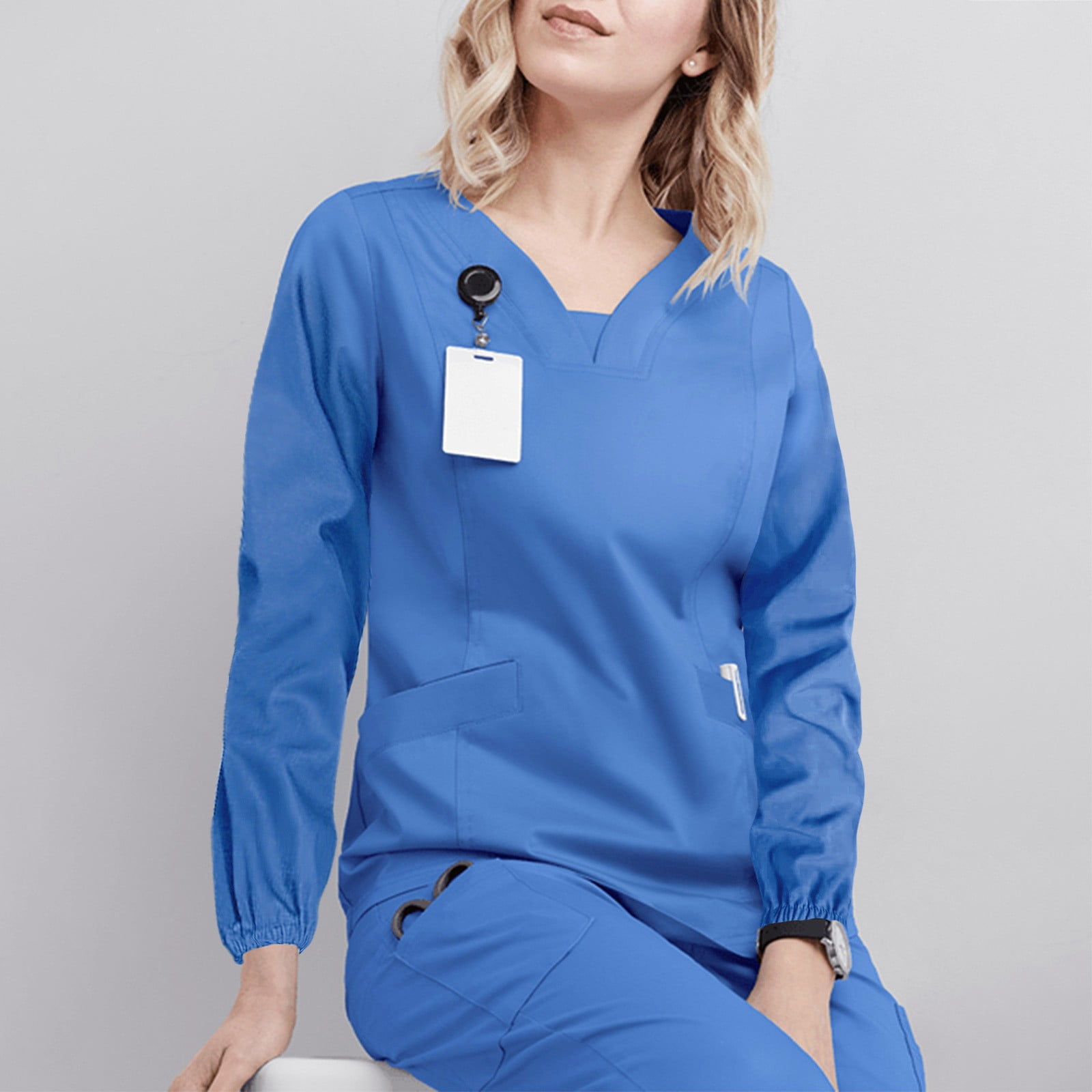 Blmnix Tops for Women Long Sleeve Blue Scrub V-Neck Pocket Solid Blouse ...