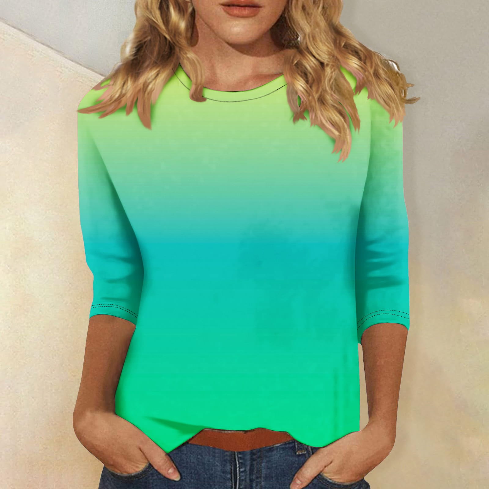 Blmnix Trendy Tops Dressy Casual Gradient Womens T-Shirts 3/4 Sleeve ...