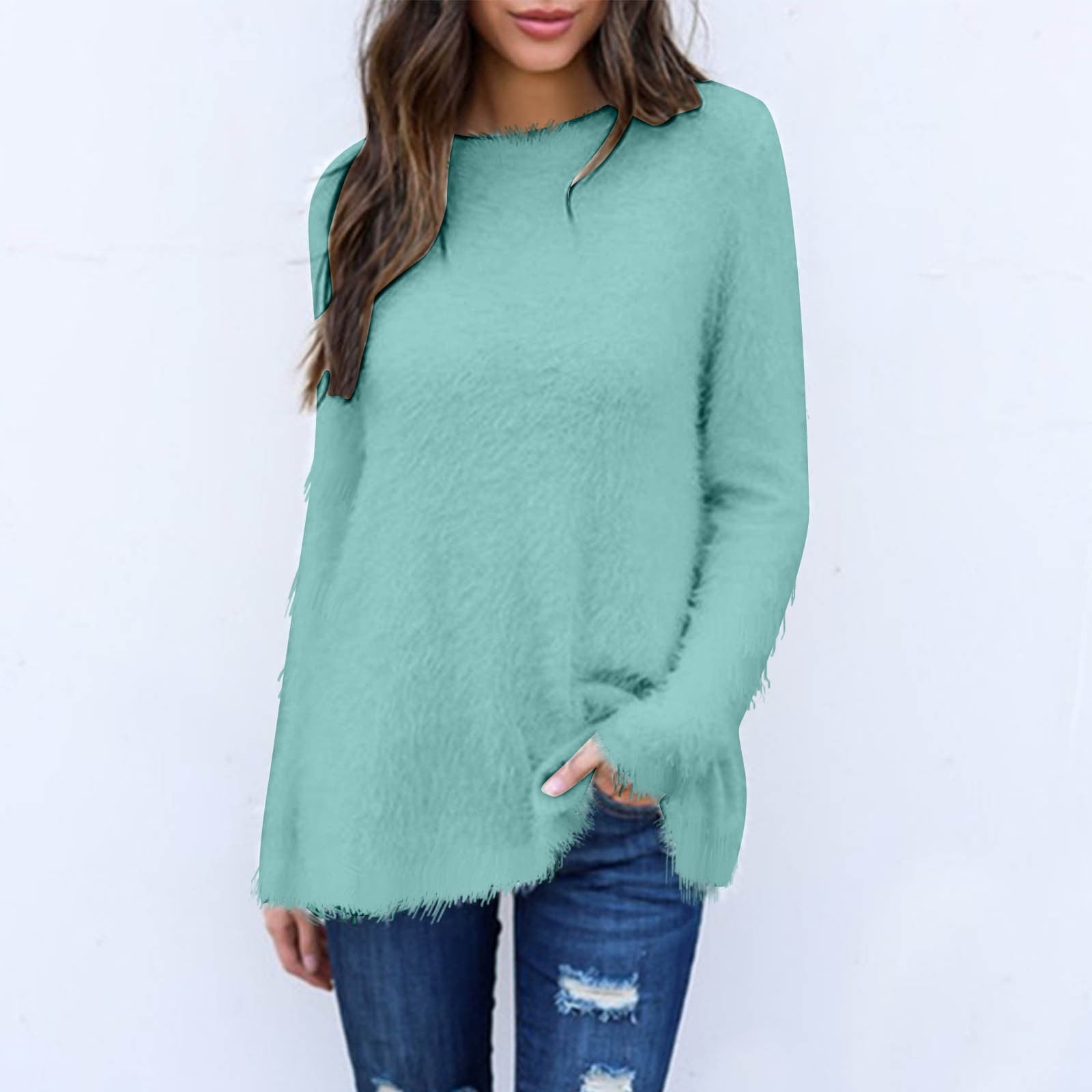 Blmnix Trendy Tops for Woman Blue Sweater Tunic Long Sleeve Solid Crew Neck Pullover Juniors ...