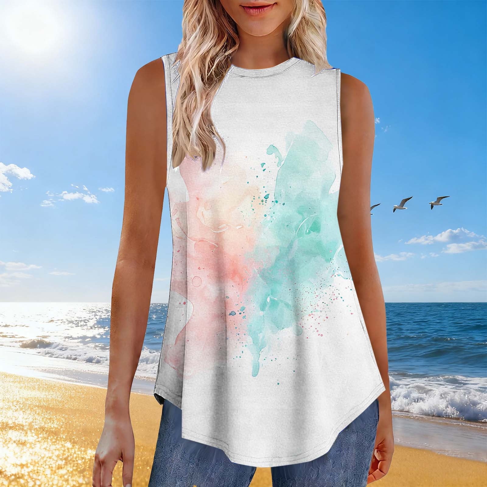 Blmnix Tunic Tops Wife Shirts Pullover Graphic T-shirt White Sleeveless ...