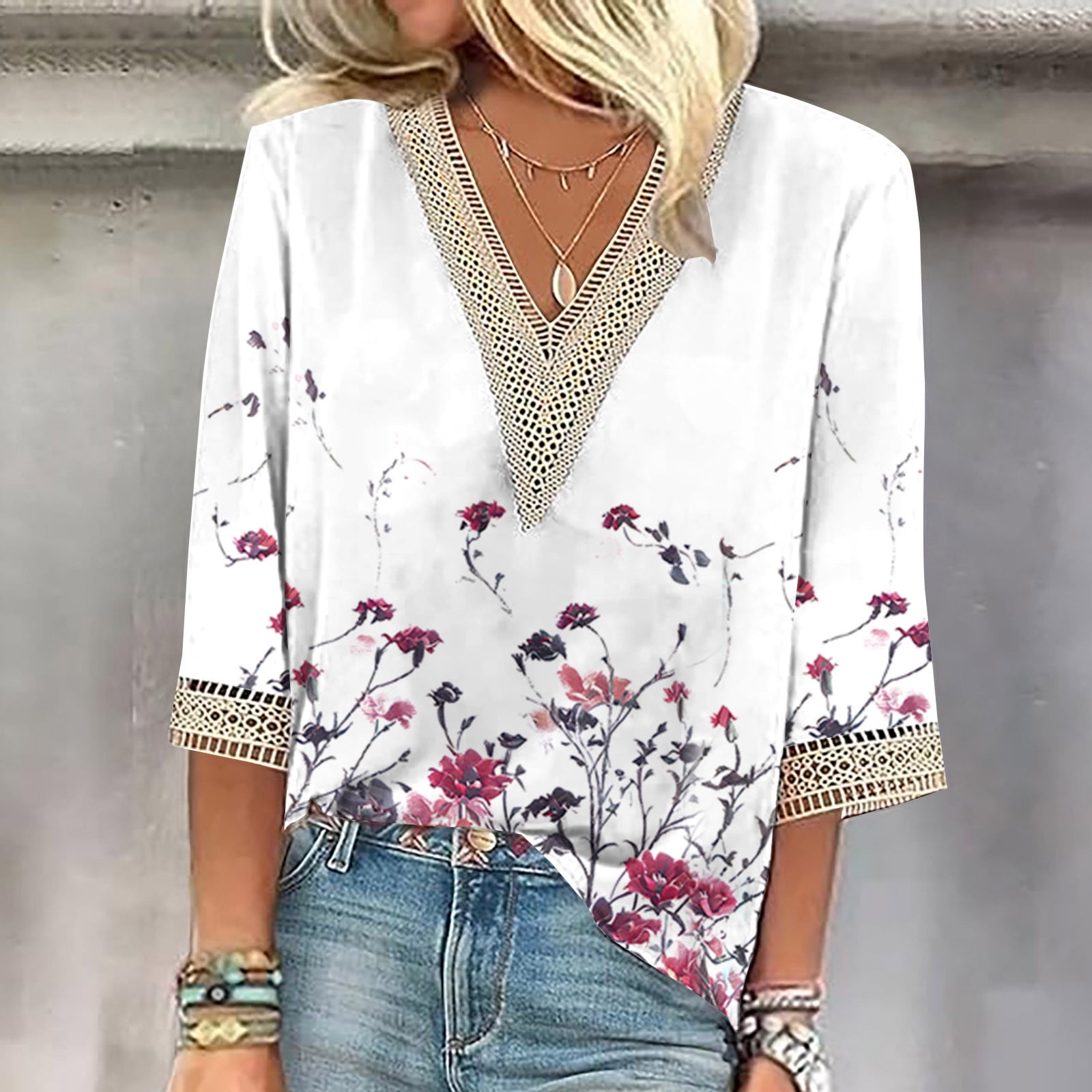 Blmnix V-Neck Gym Shirts Women White Blouse Partial Print Lace Elbow ...