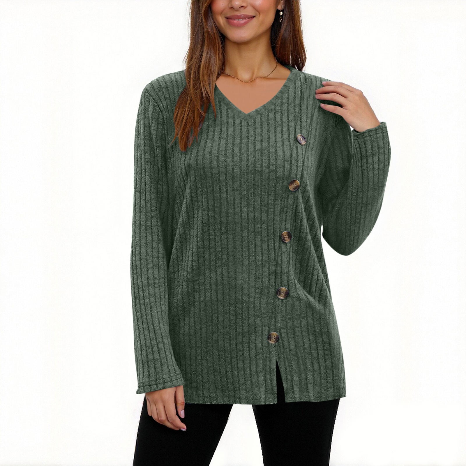 Blmnix V Neck Shirts for Women Split Clothes 2025 Peplum Army Green ...