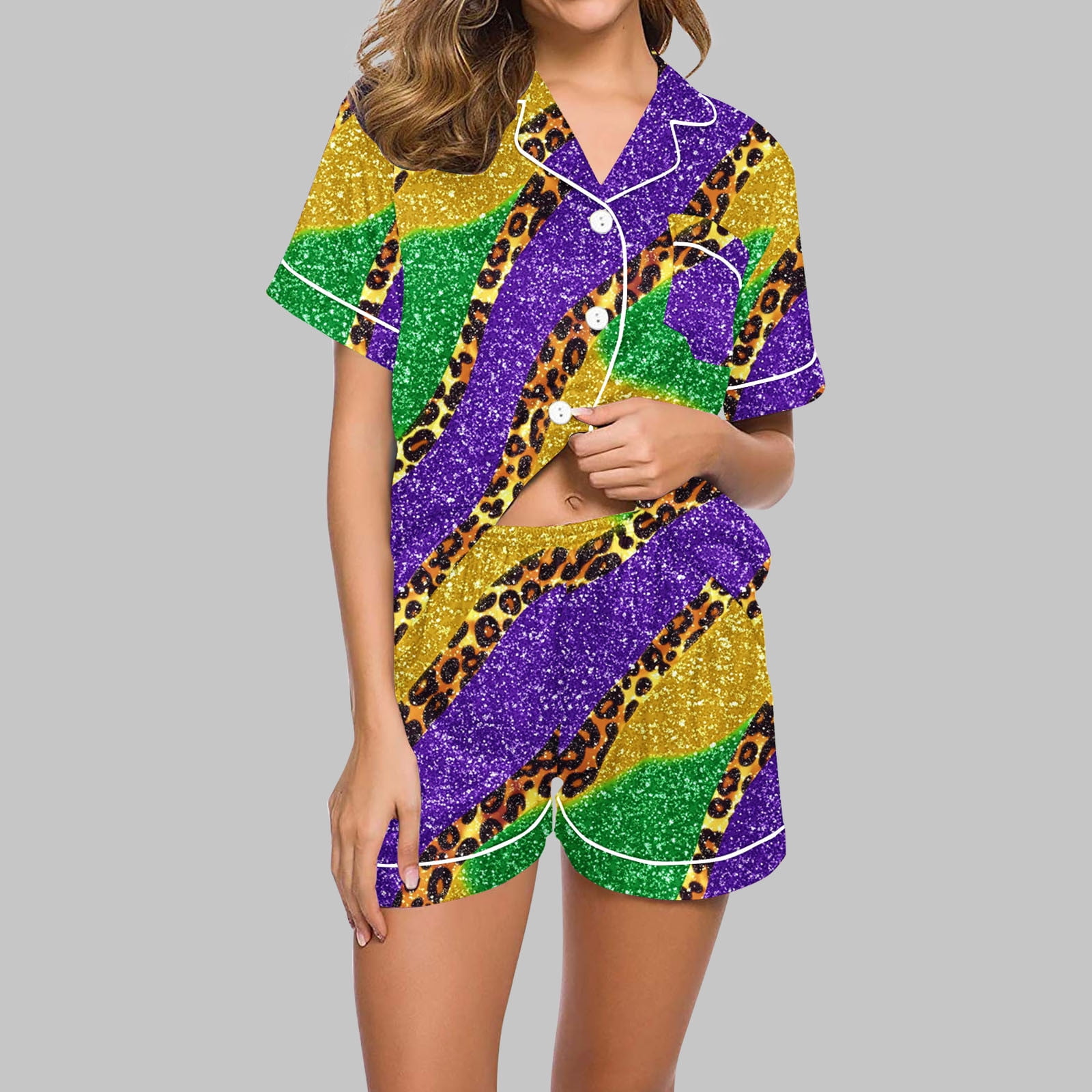 Blmnix Valentines Pjs Sleepwear Sets Button Up Carnival Sleepwear Green ...