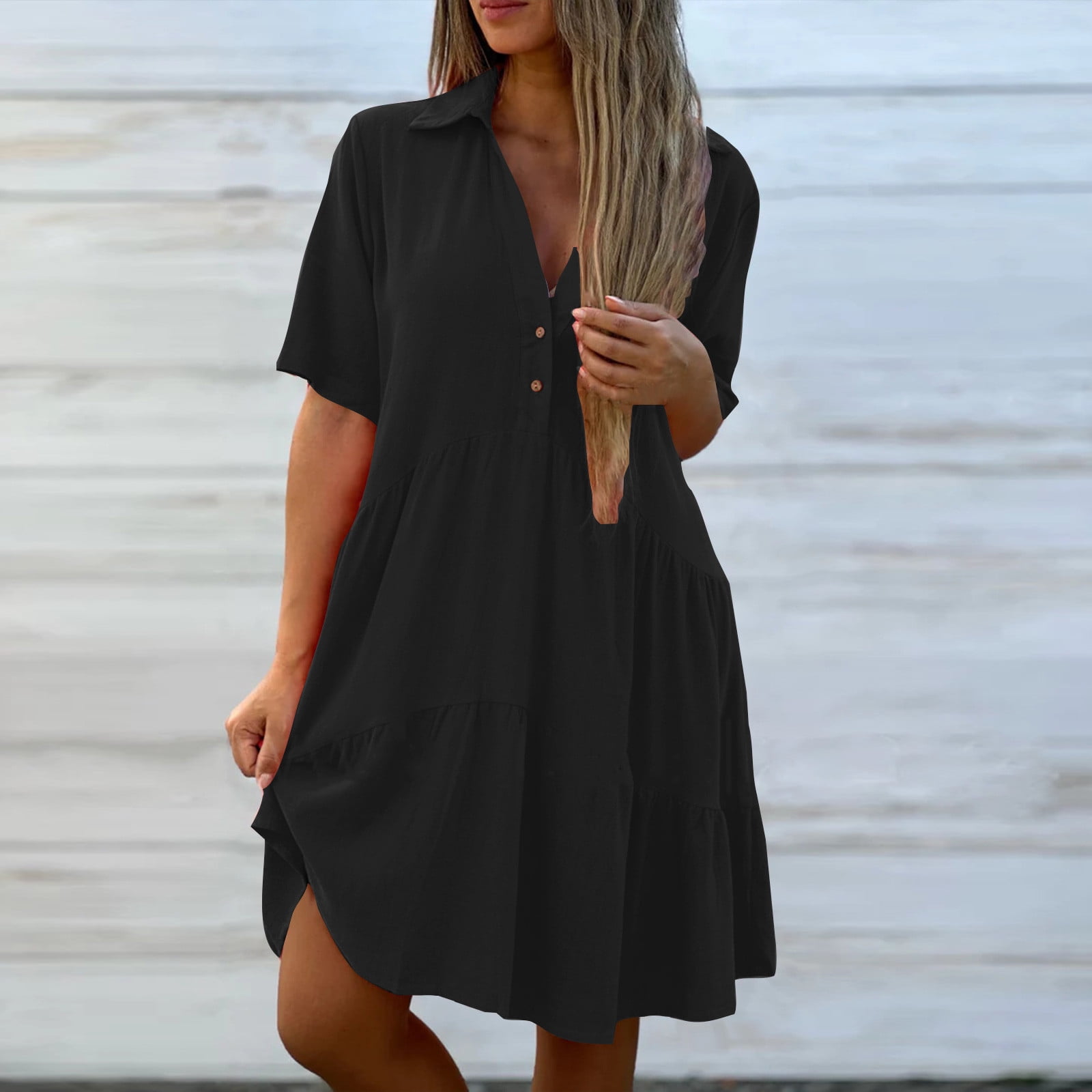 Blmnix Wedding Guest Dress Plus Size Polo Button Down Dress Elbow ...