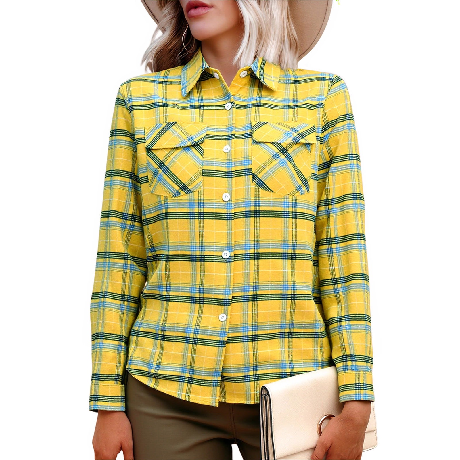 Blmnix Western Plaid Tops for Women Yellow Basic Tee Workwear Button ...