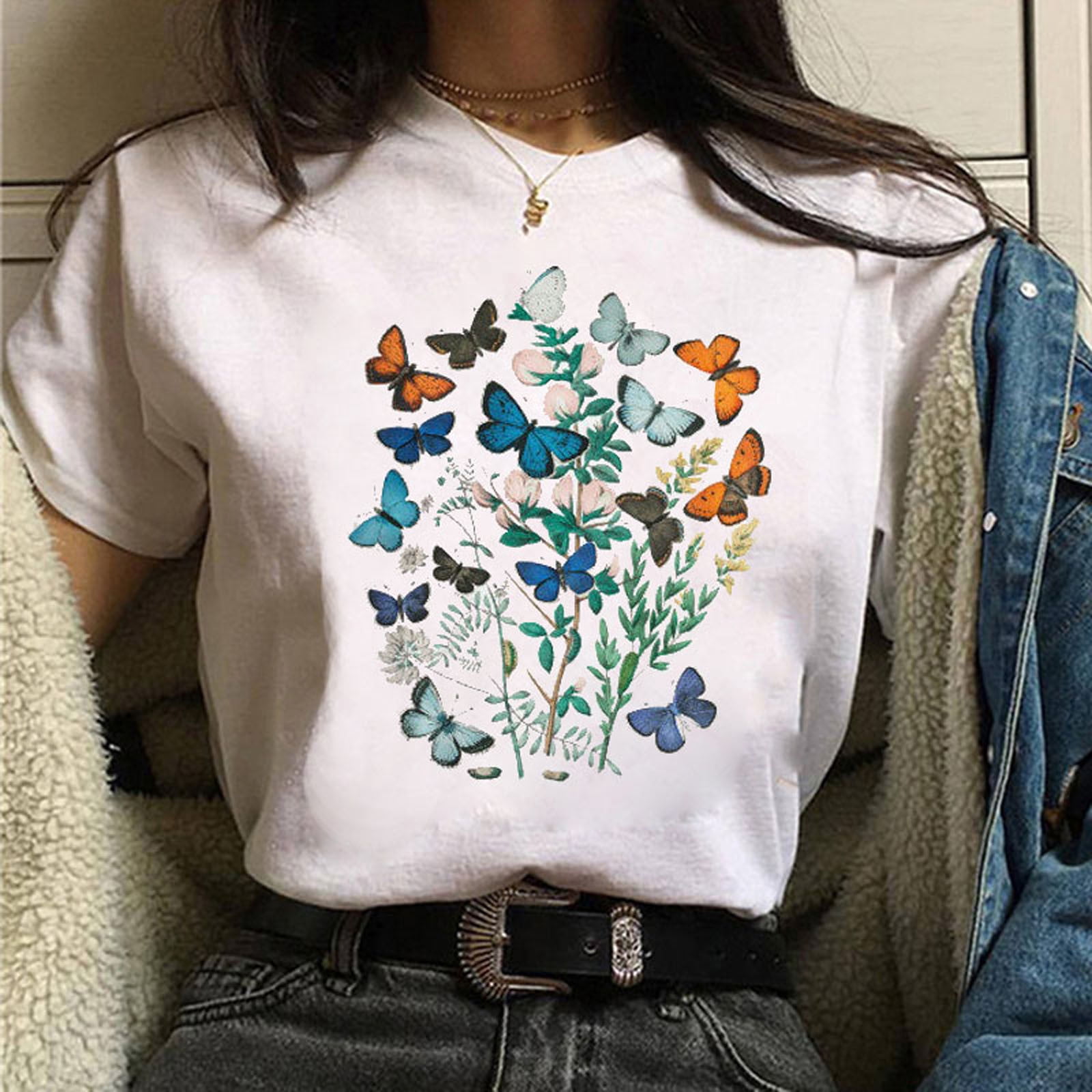 Blmnix White Date Night Tees for Women Cute Crew Neck Butterfly Shirt ...
