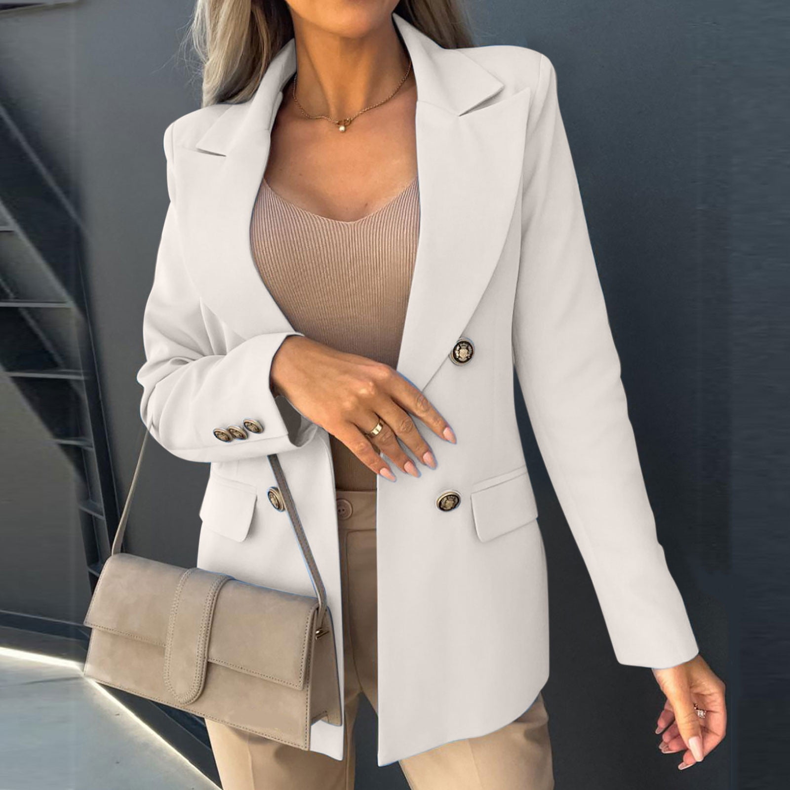 Blmnix White Loose Jackets for Women Blazer Work Long Sleeve Solid Long ...