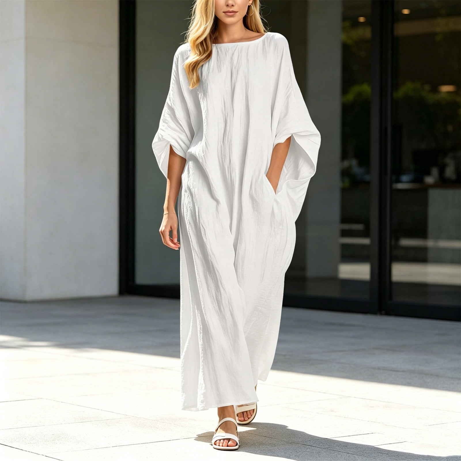 Blmnix Woman Dress Long Dress Cotton Dresses Shift Dresses White 3/4 ...