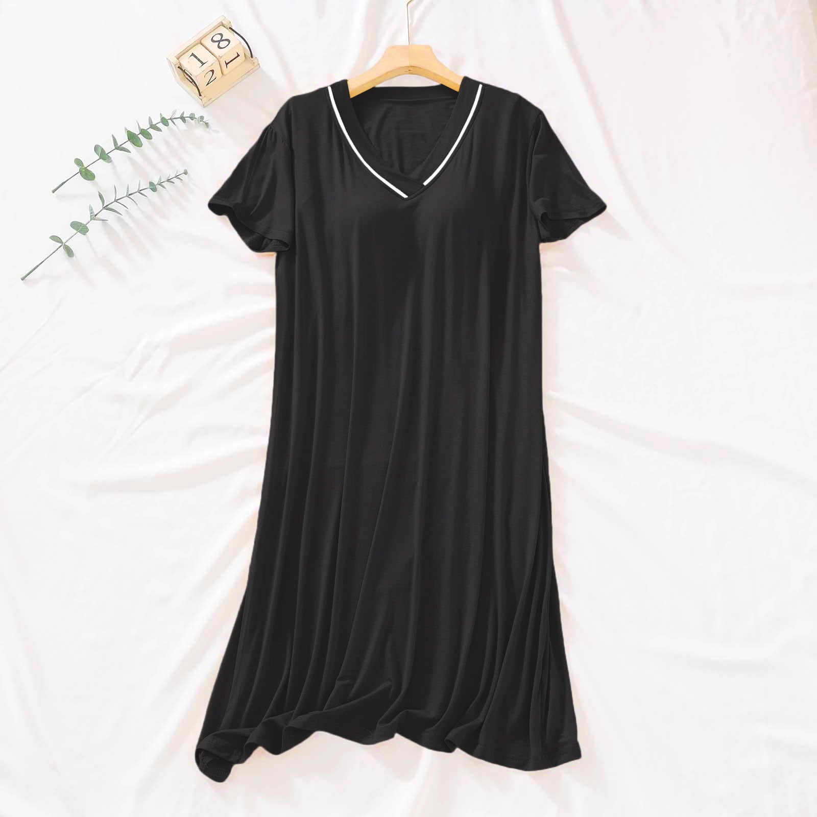 Blmnix Women Nightgown Mumu House Dress Short Sleeve V-Neck Black Sleep ...