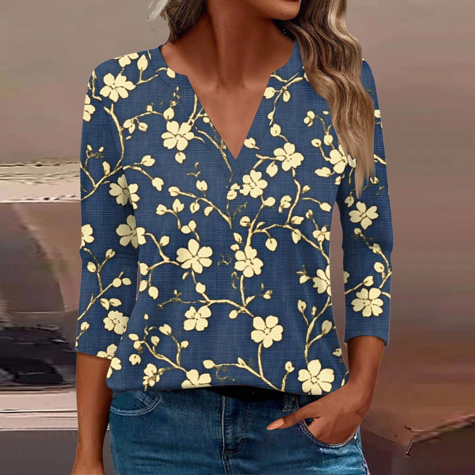 Blmnix Women Top V-Neck Vintage Mini Floral Pattern Ladies Fall Tops ...