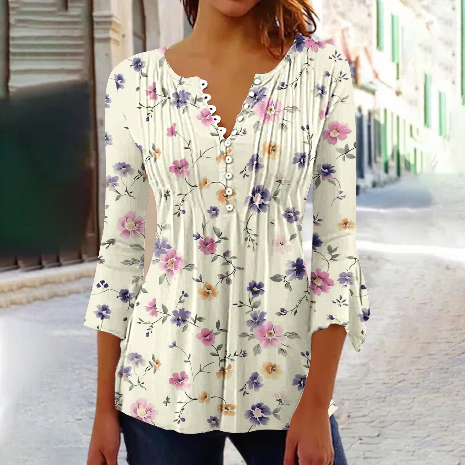 Blmnix Women Workout Tops V-Neck Ditsy Floral Blue Plus Size Fall Tops ...