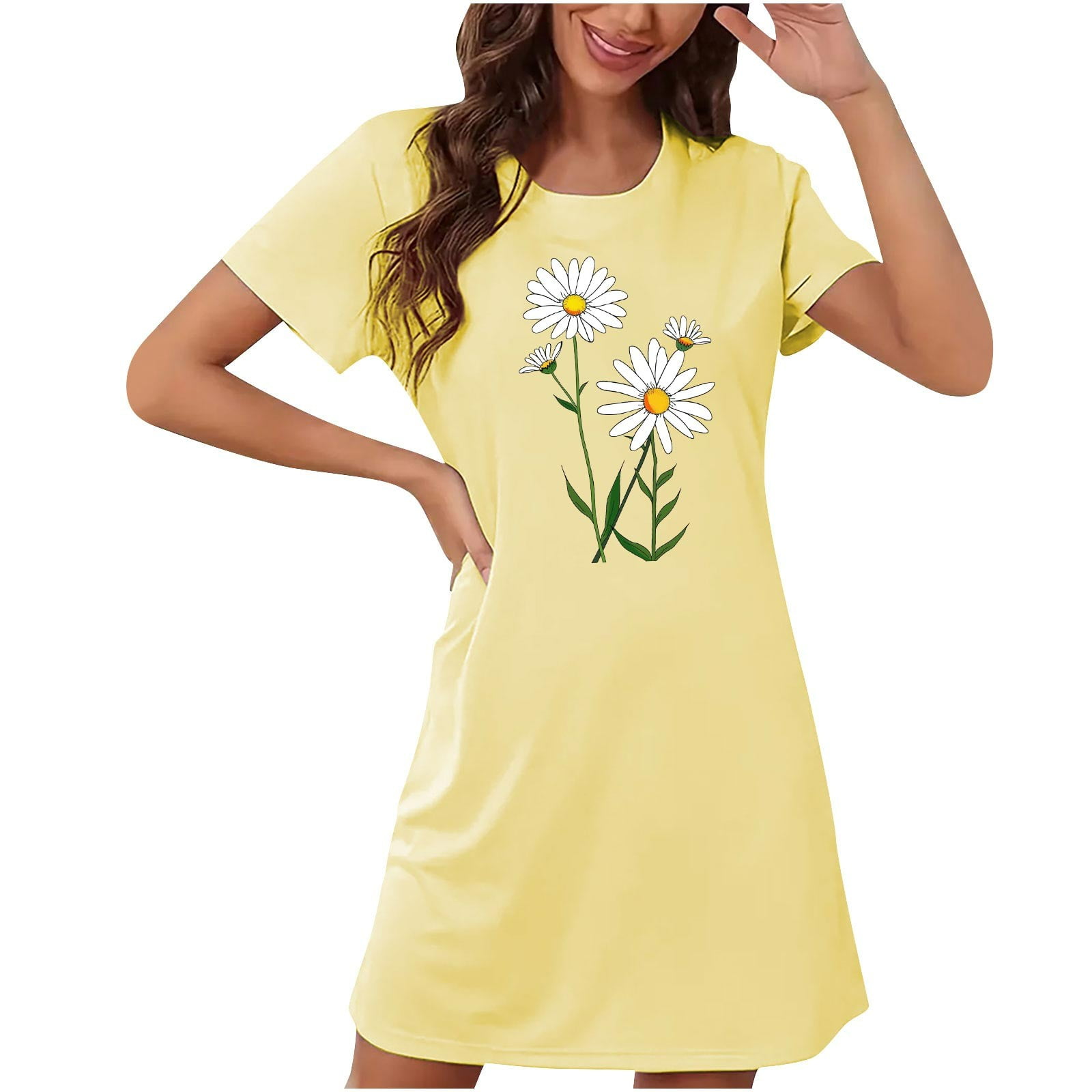 Blmnix Women's Nightgowns Mumu Loungewear Crew Neck Yellow Short Sleeve ...