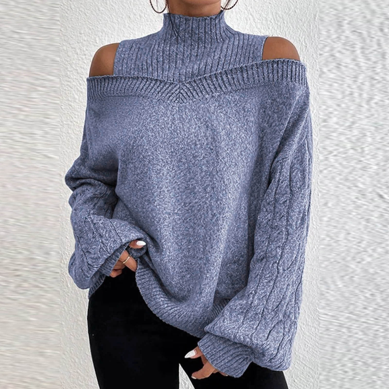 Blmnix Womens Off The Shoulder Turtleneck Sweaters Blue Long Sleeve ...