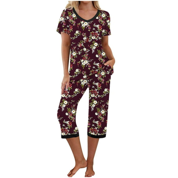 Blmnix Womens Pajama Set Red Loungewear Short Sleeve Sleep Pants for ...
