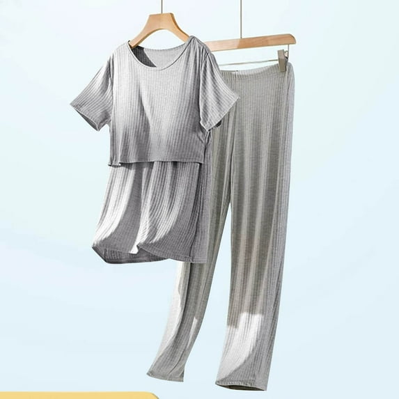 Blmnix Womens Pajama Sets Gray Loungewear Set Long Sleeve Sleep Pants ...