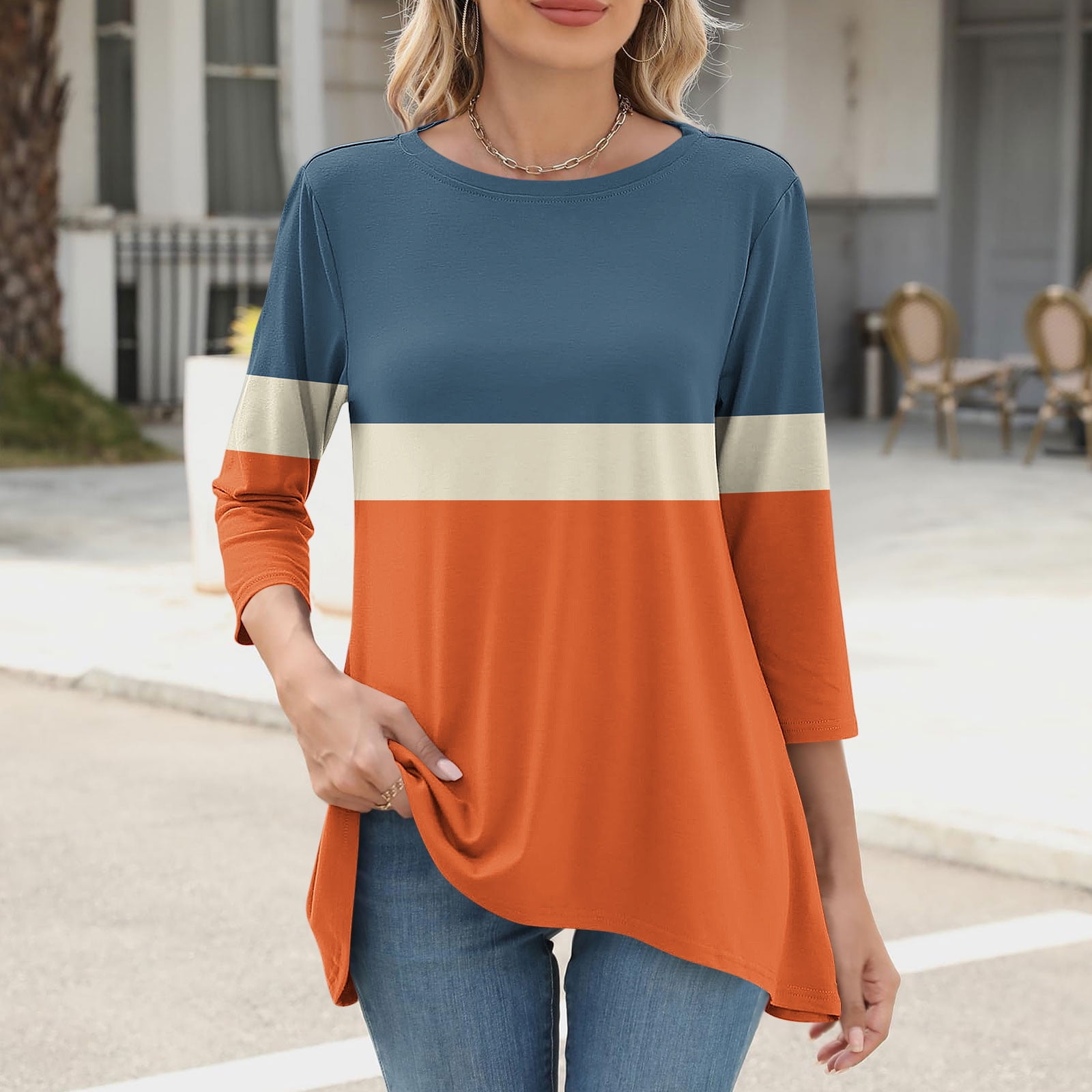 Blmnix Womens Sexy Tops Curved Hem Color Block Work Blouses Crew Neck 3 ...