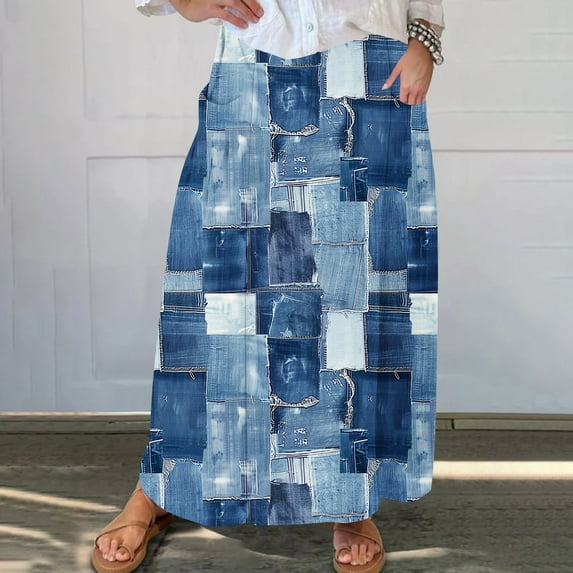 Blmnix Womens Skirt Flare Denim Plaid Skirts Skirts Blue Exterior ...