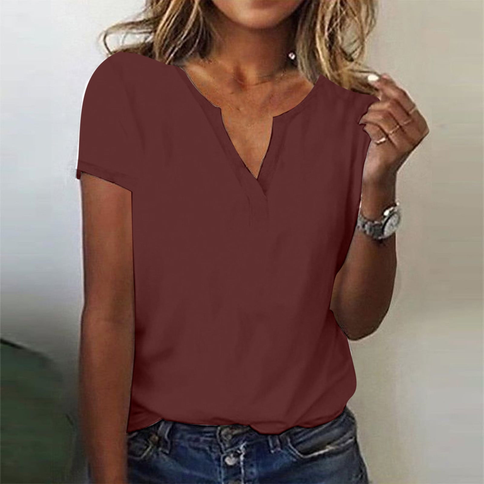 Blmnix Womens Tops 2024 Short Sleeve Red Solid V Neck Basic Loose T ...