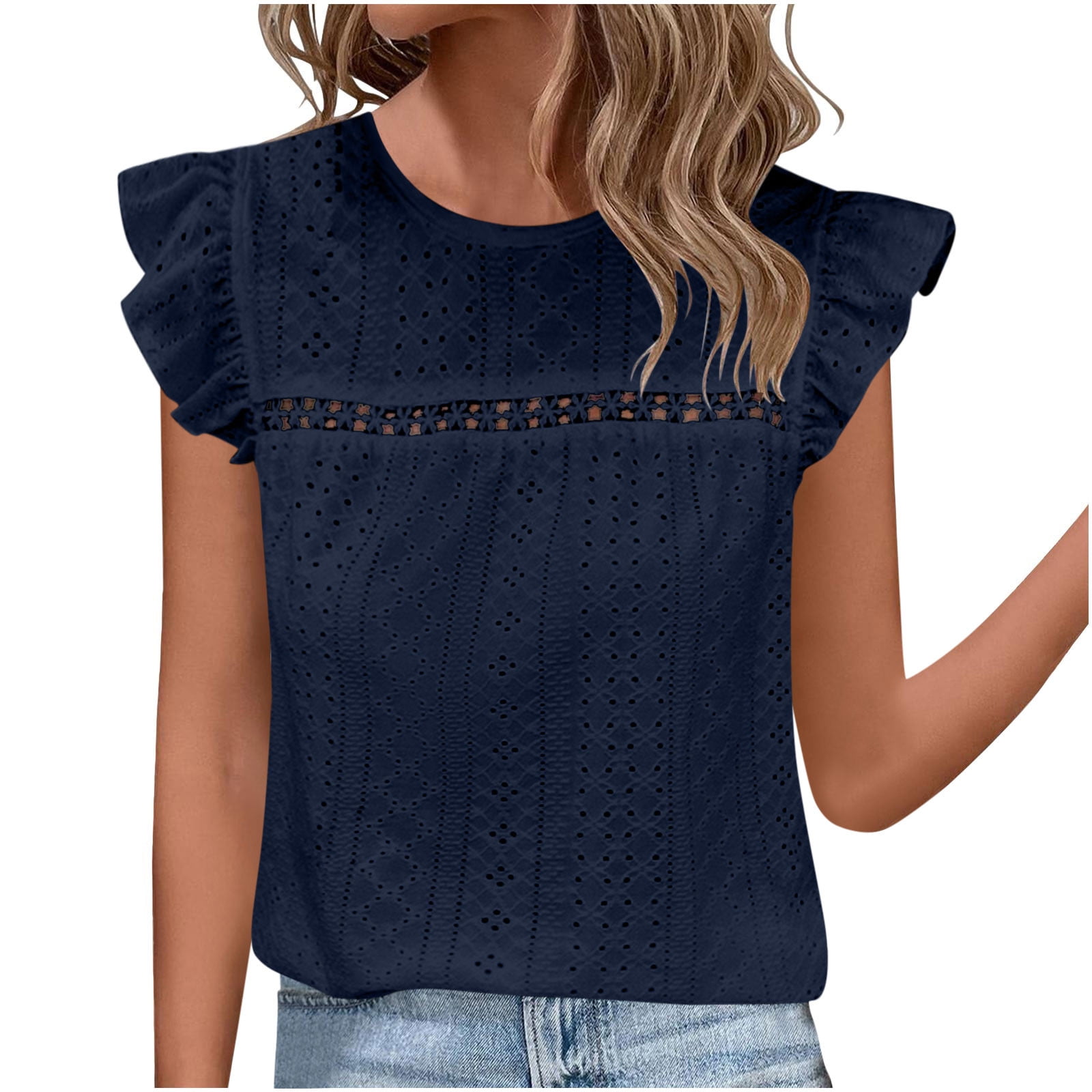 Blmnix Womens Tops Blue Short Sleeve Summer Vacation Solid Eyelet ...