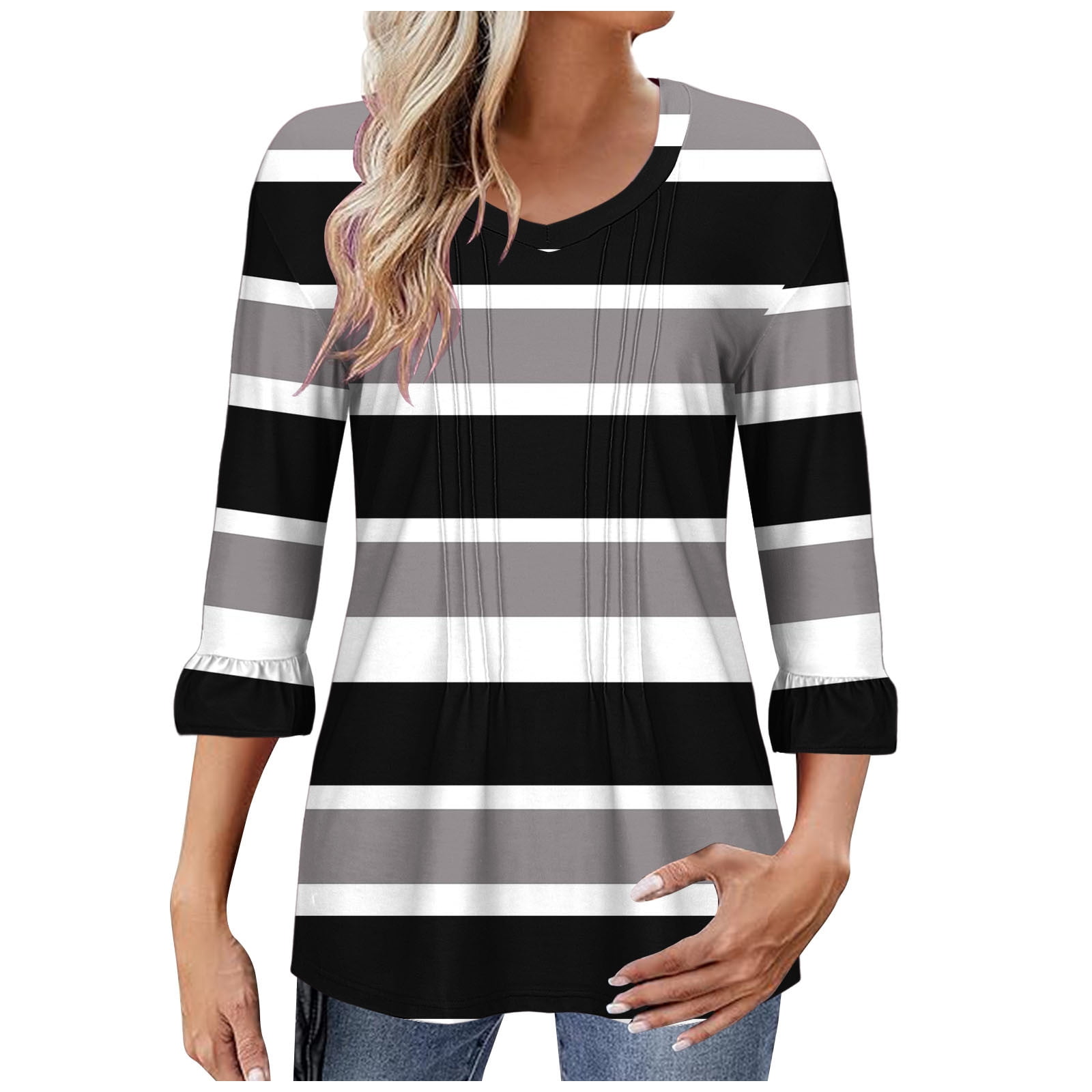 Blmnix Womens Tops Striped Ruffle Trim Sleeve Graphic Tees Women 3/4 ...