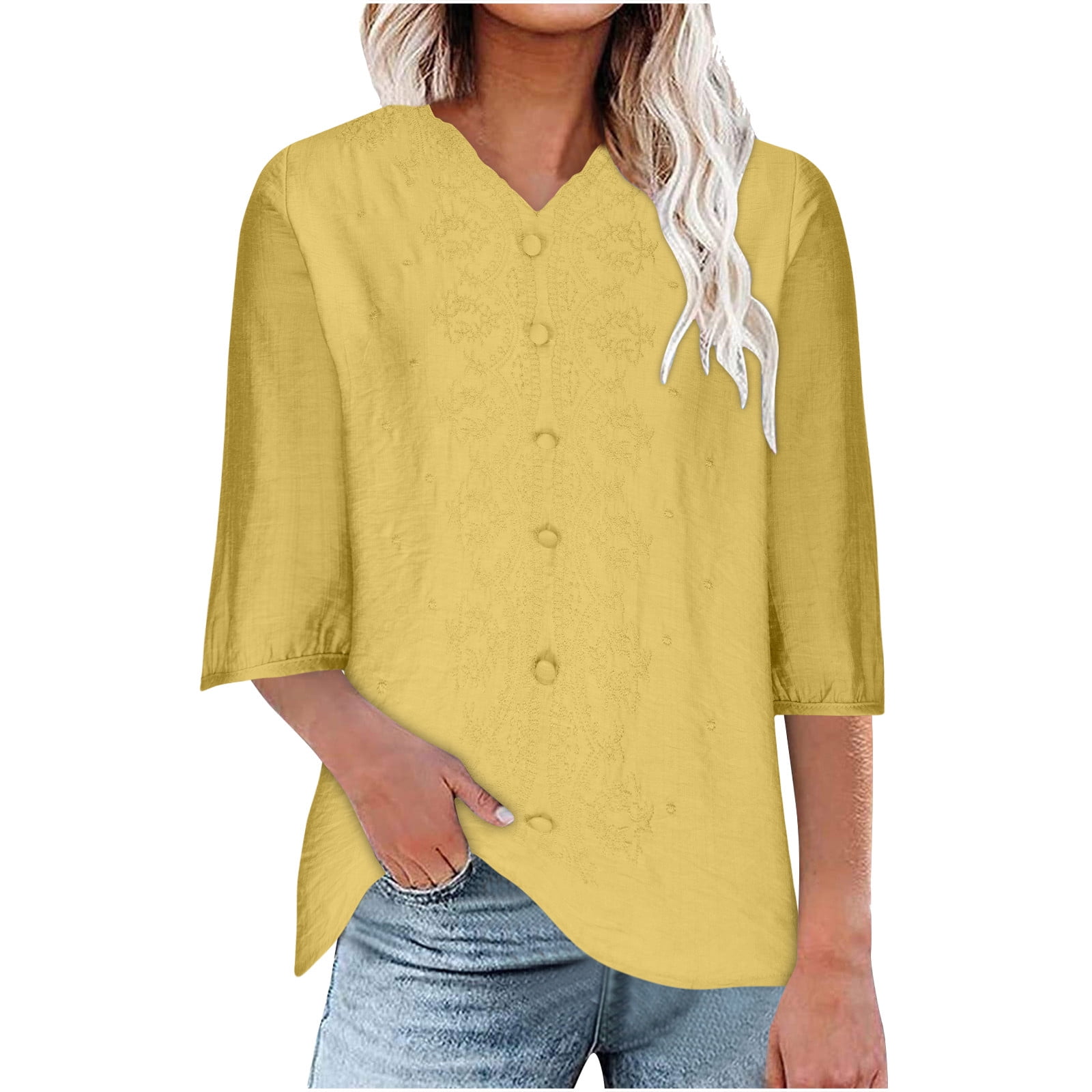 Blmnix Yellow Womens Tops 3/4 Sleeve Spring Casual Going Out Solid ...