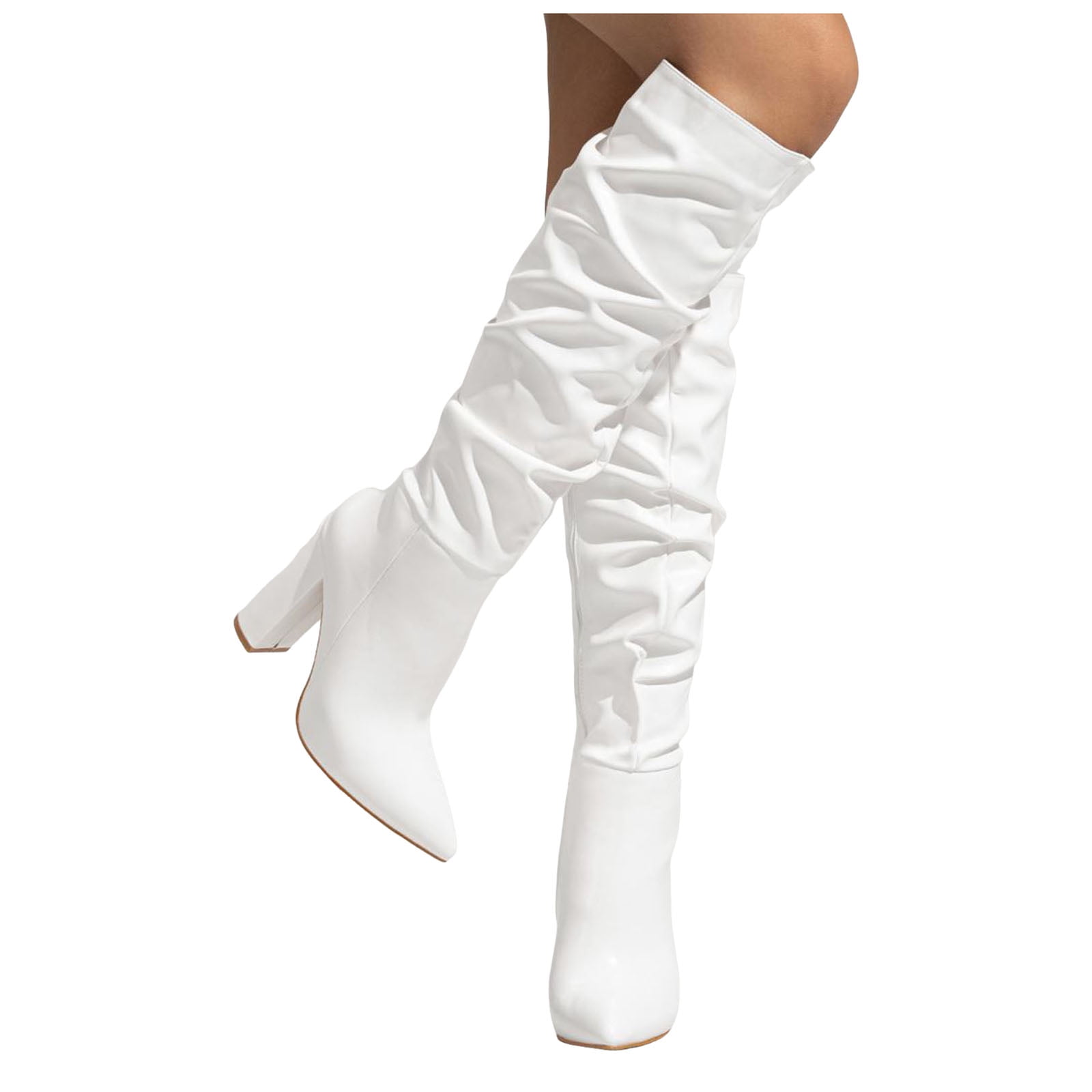 Block High Heel Boots for Women Slouchy Leather Mid Calf Boots Pointed ...