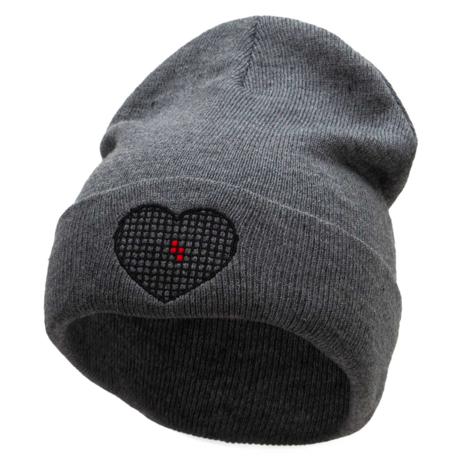 Block Inside Grid Heart Embroidered 12 Inch Long Knitted Beanie ...
