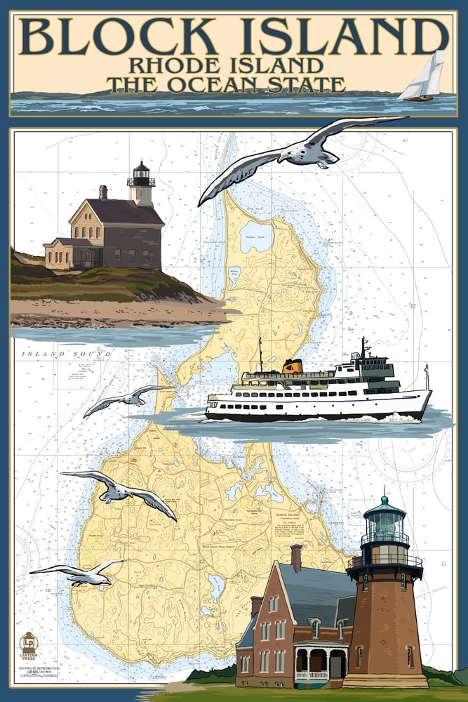 Block Island, Rhode Island, Nautical Chart with Ferry (16x24 Giclee ...