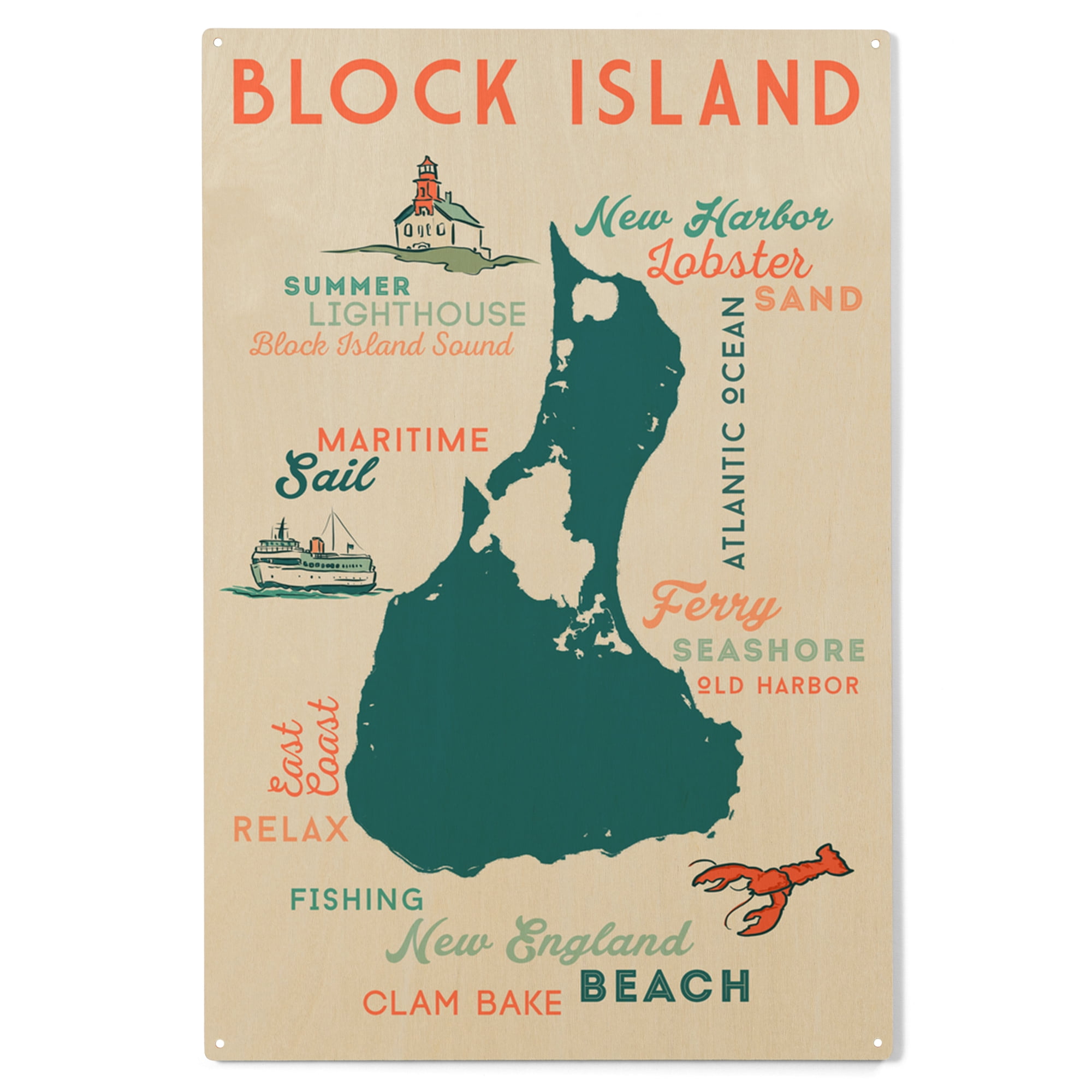 Block Island, Rhode Island, Typography and Icons Birch Wood Wall Sign ...