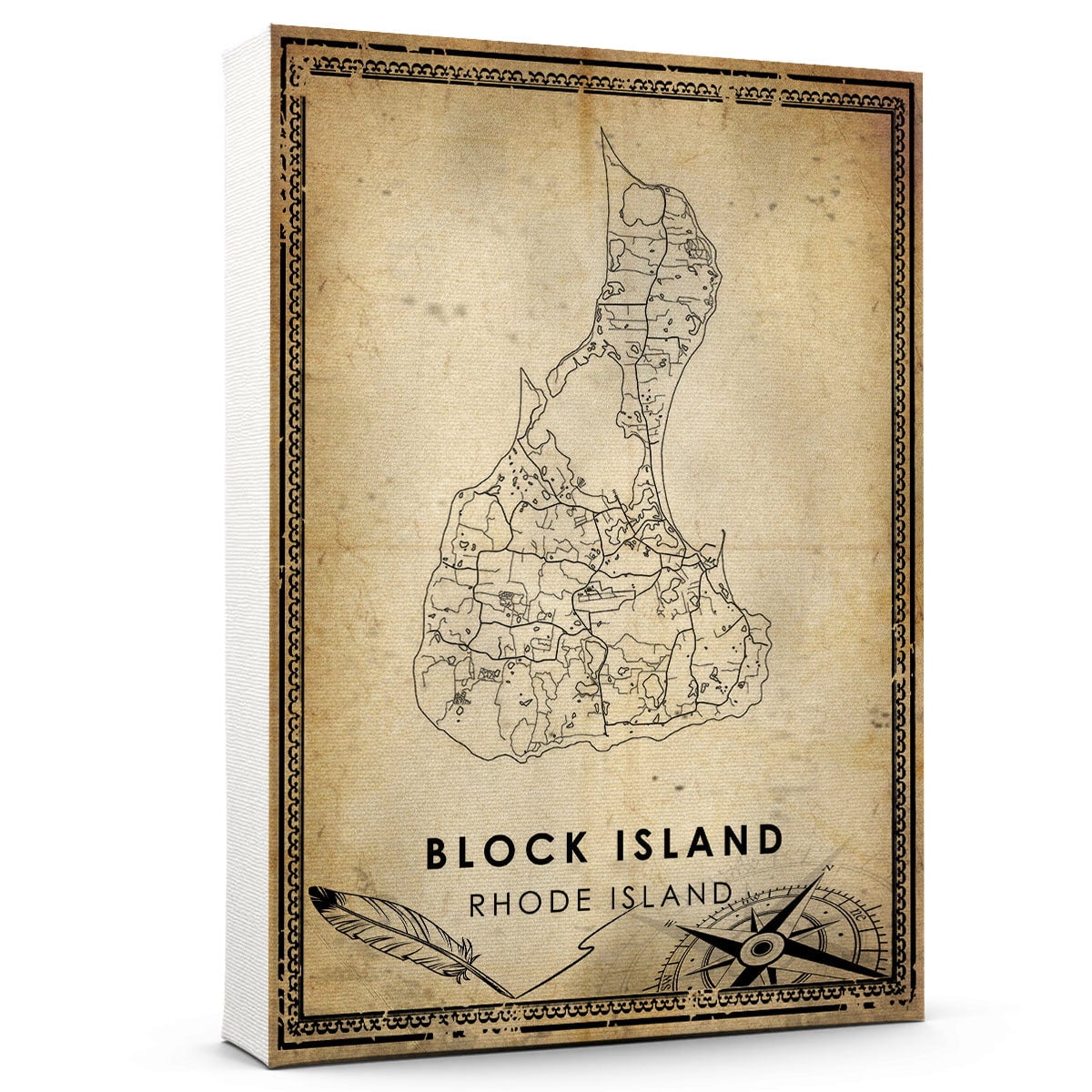 Block Island Vintage Map Prints Canvas, Rhode Island Map Art Canvas ...