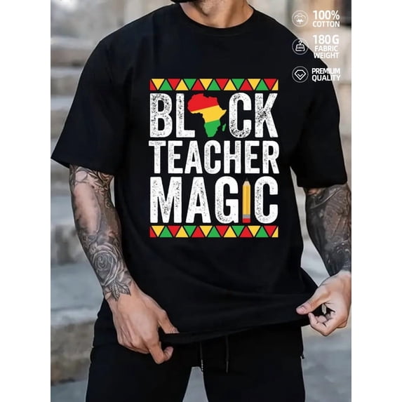Block Magic Teacher mens black 180G 100% Cotton Everyday and weekend ...