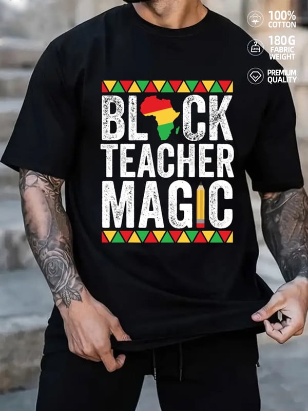 Block Magic Teacher mens black 180G 100% Cotton Everyday and weekend ...