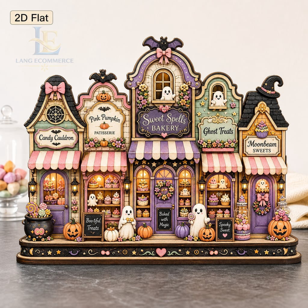 Pink Halloween Village Wooden Shelf Sitter Home Decor