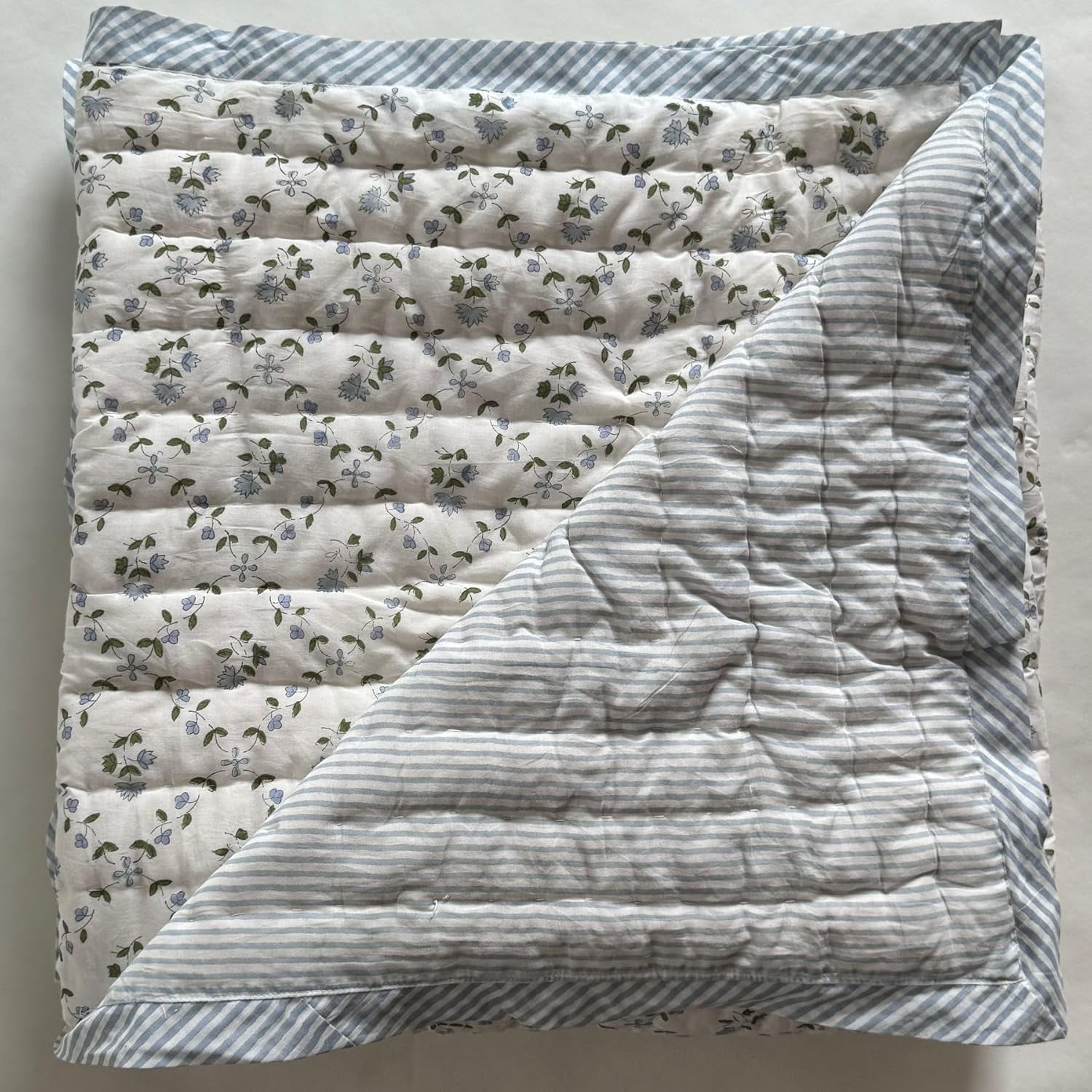 Block Print Quilted Powder and Pigeon Blue Throw Reversible Blanket 100 ...