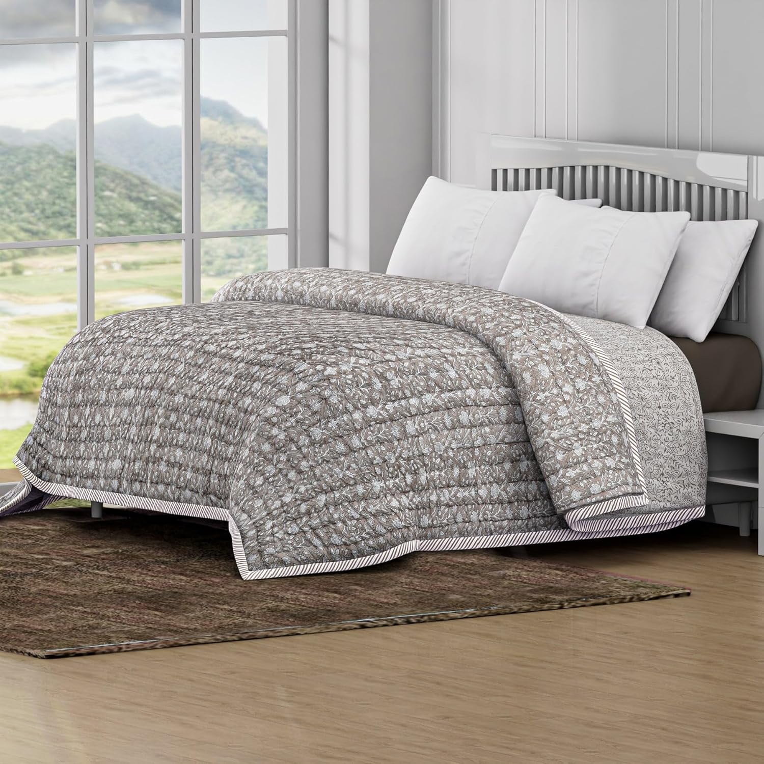 Block Print Quilted Taupe Color Throw Reversible Blanket 100% Cotton ...