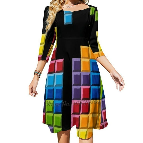 Blocks Square Neck Dress New Plus Size Elegant Women Waist Tight Dress ...