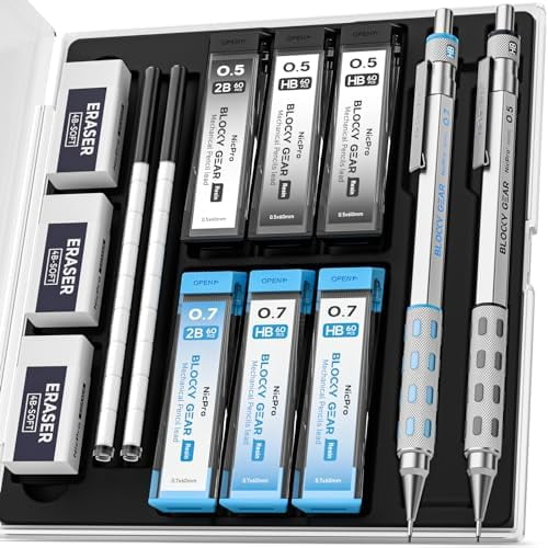 Blocky Gear 0.5 mm & 0.7 mm Mechanical Pencils Set in Case, Metal ...